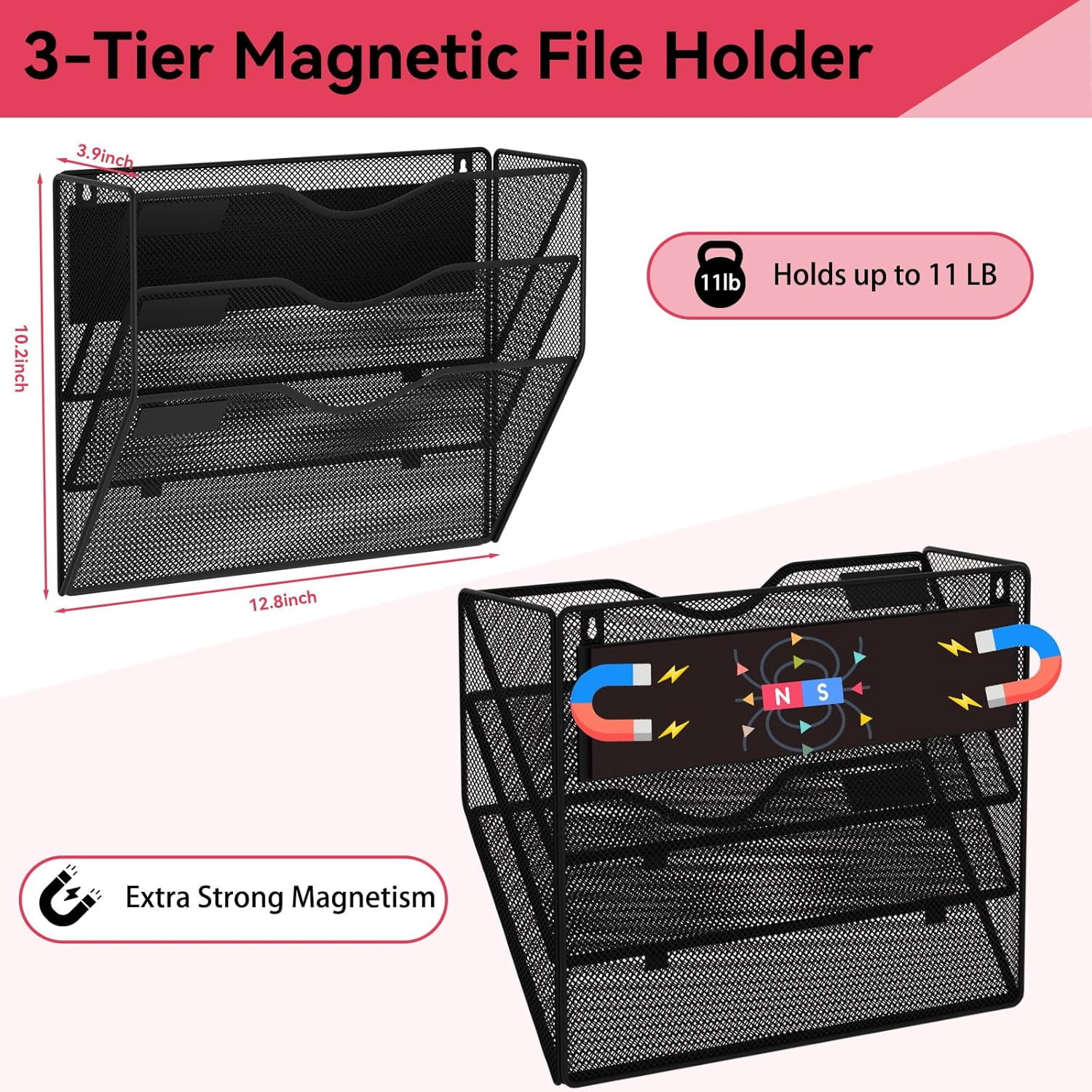 OPVM-3-Tier Magnetic File Holder, No Drilling Wall File Organizer, File ...