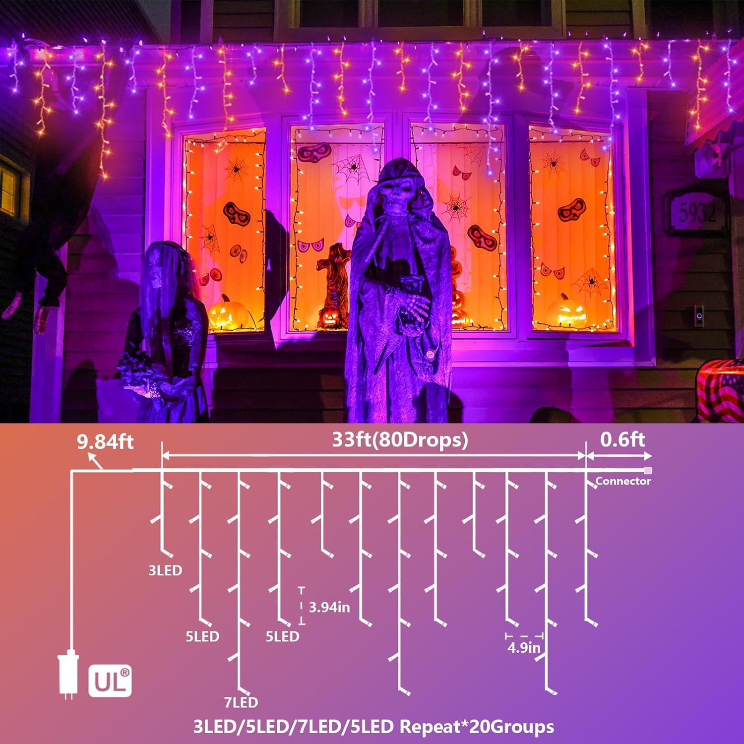 OPVM-33ft 400 LED Orange and Purple Icicle Halloween Lights, 80 Drops ...