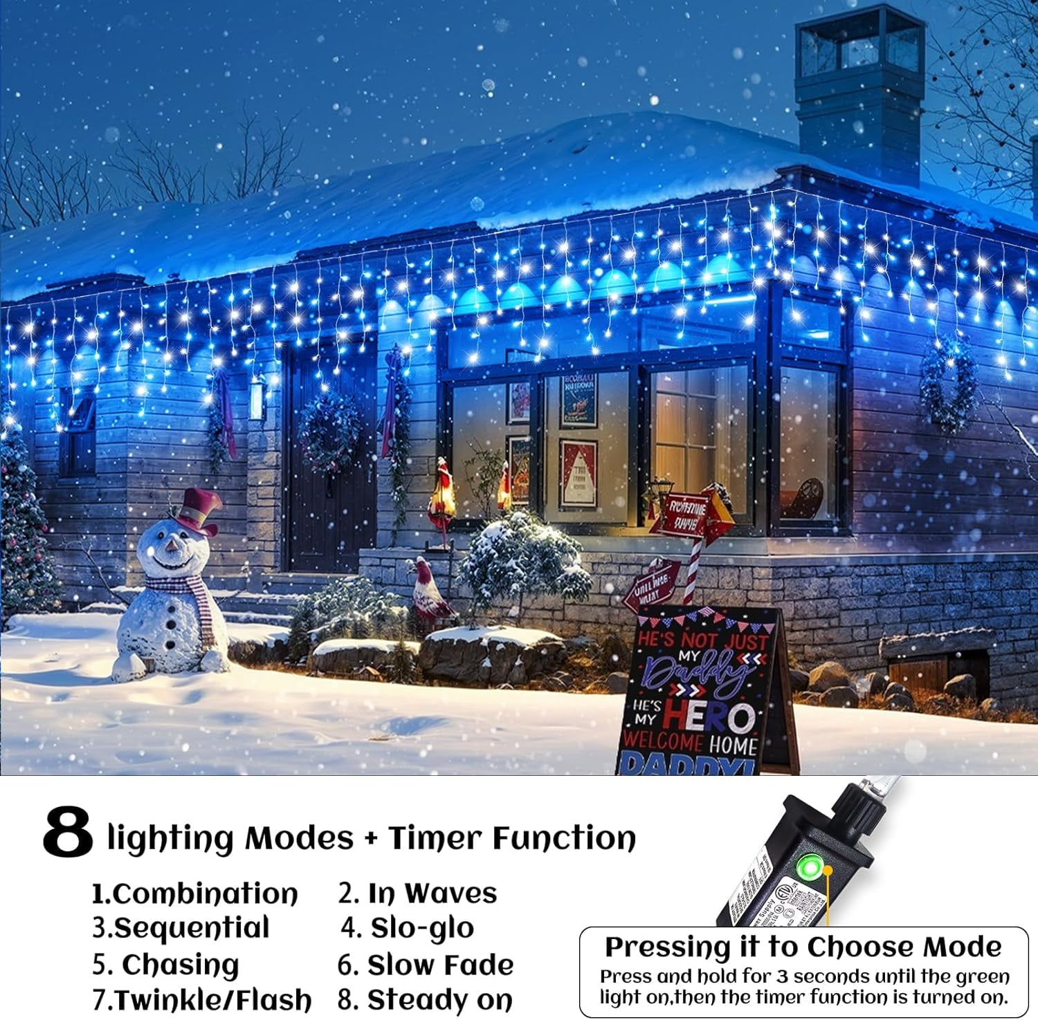 OPVM-33ft Icicle Lights for Outside, Blue and White Christmas Lights ...