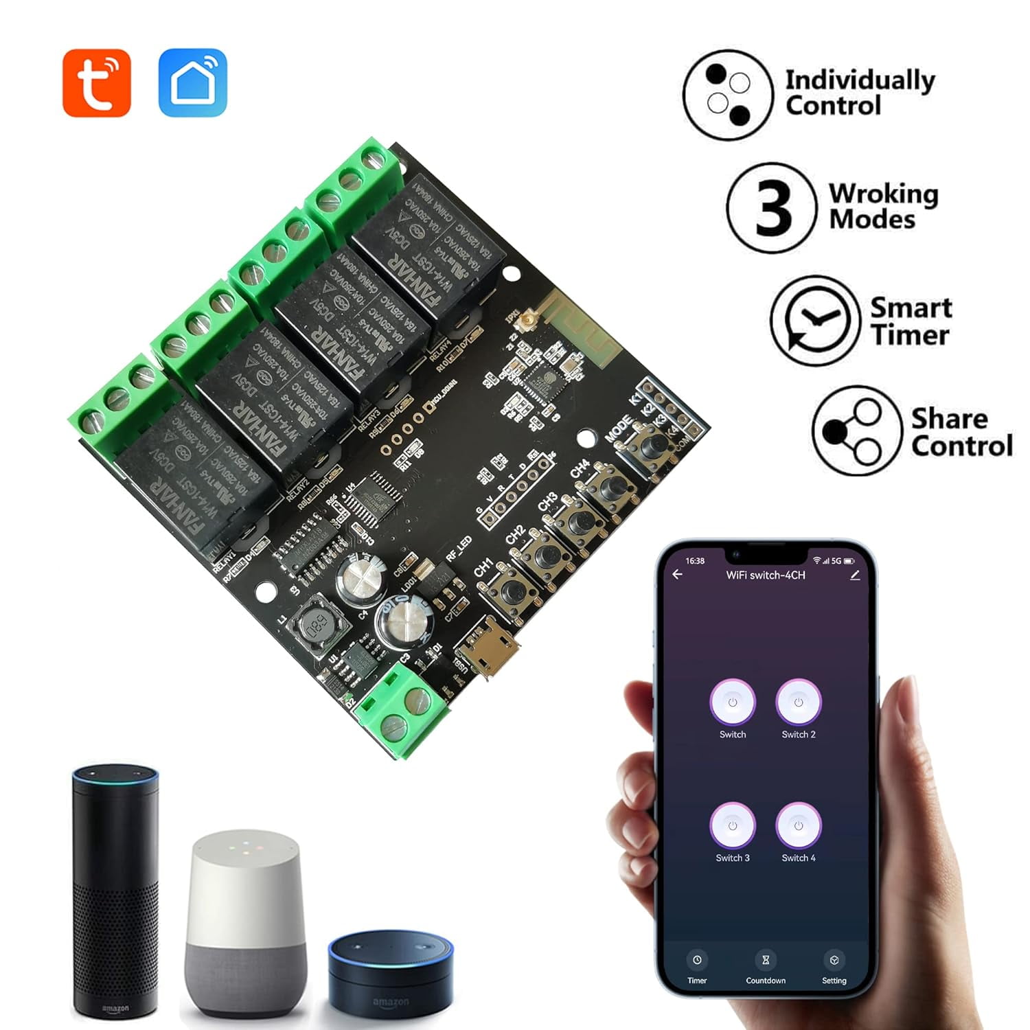 OPVM-4 Channel Smart WiFi Relay Switch Module Momentary Self-Locking ...