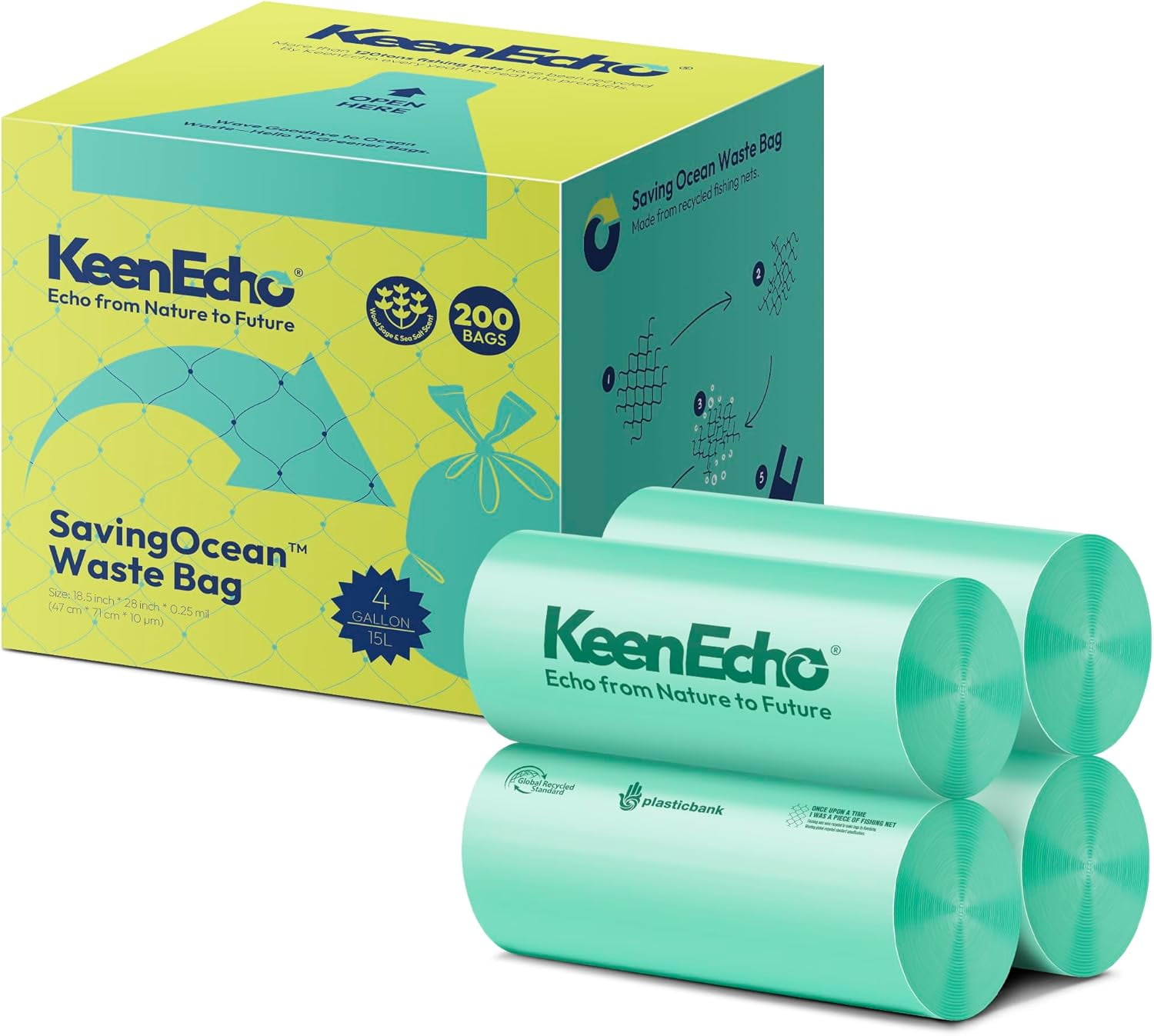 OPVM-4 Gallon 200 Counts Small Green Trash Bags with Handle, Ocean ...