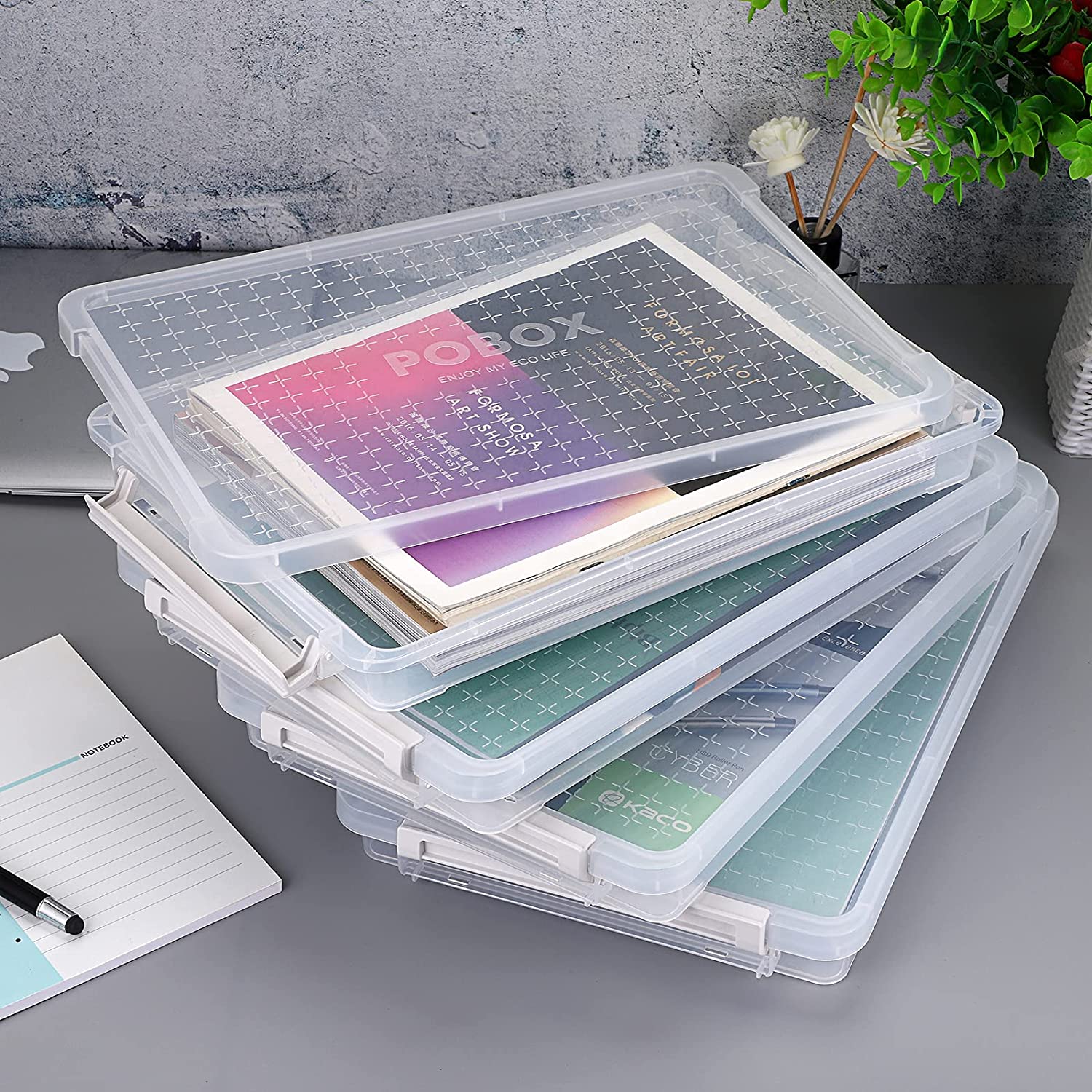 OPVM-4 Pack A4 Plus Clear Plastic Stackable Storage Box Desk Paper ...