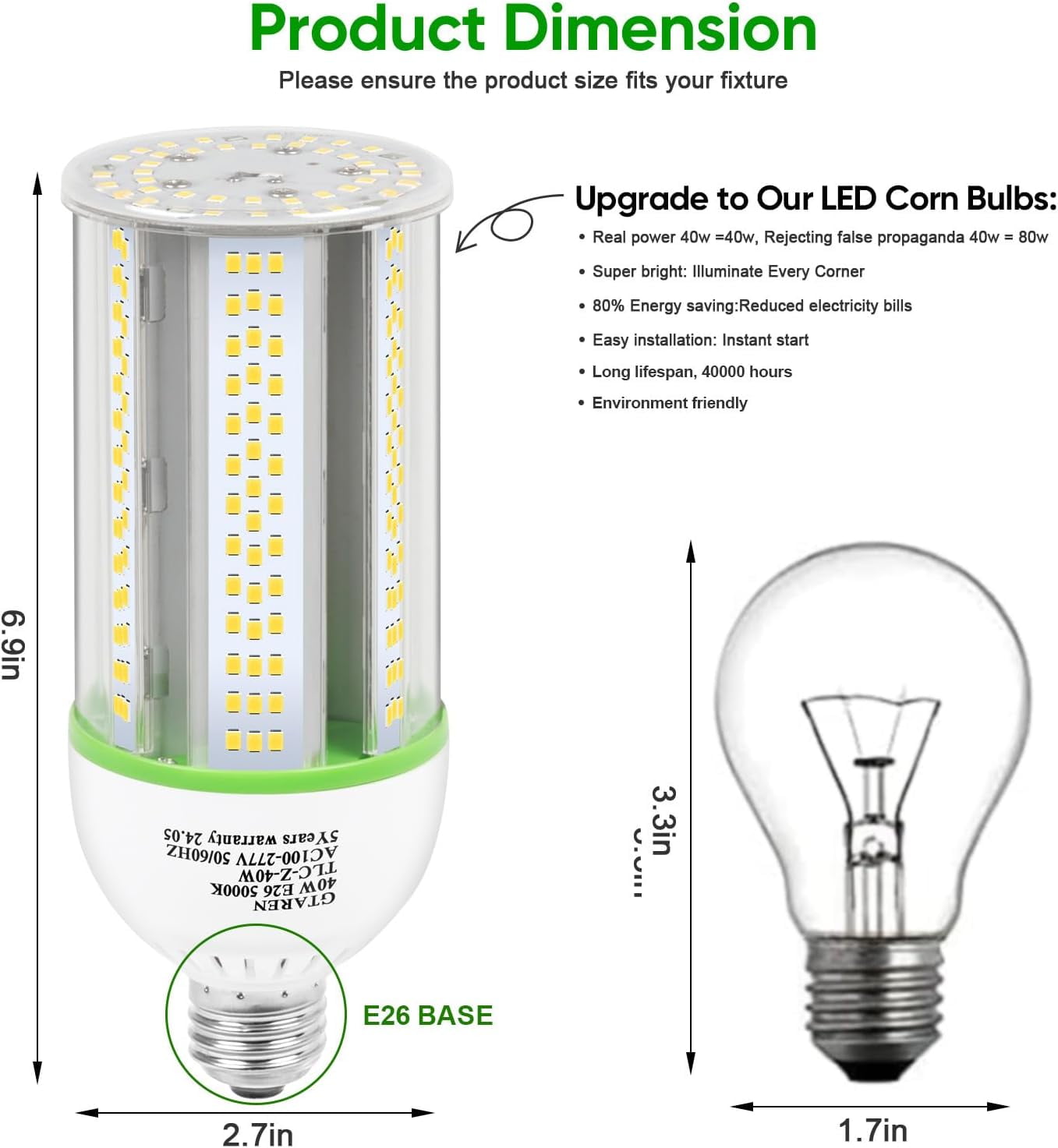 OPVM-40W LED Corn Cob Light Bulb,400W Equivalent,5000K Daylight,E26/e39 ...