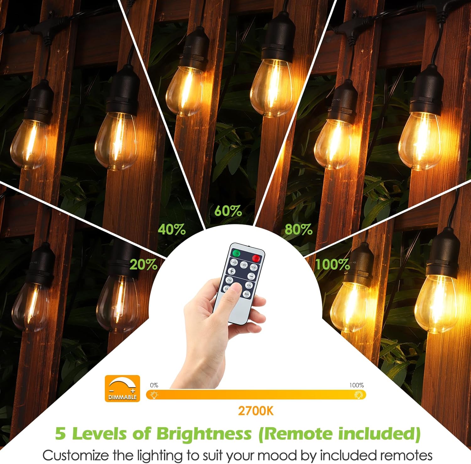 OPVM-48FT Outdoor String Lights with Remote, Dimmable Patio Lights with ...