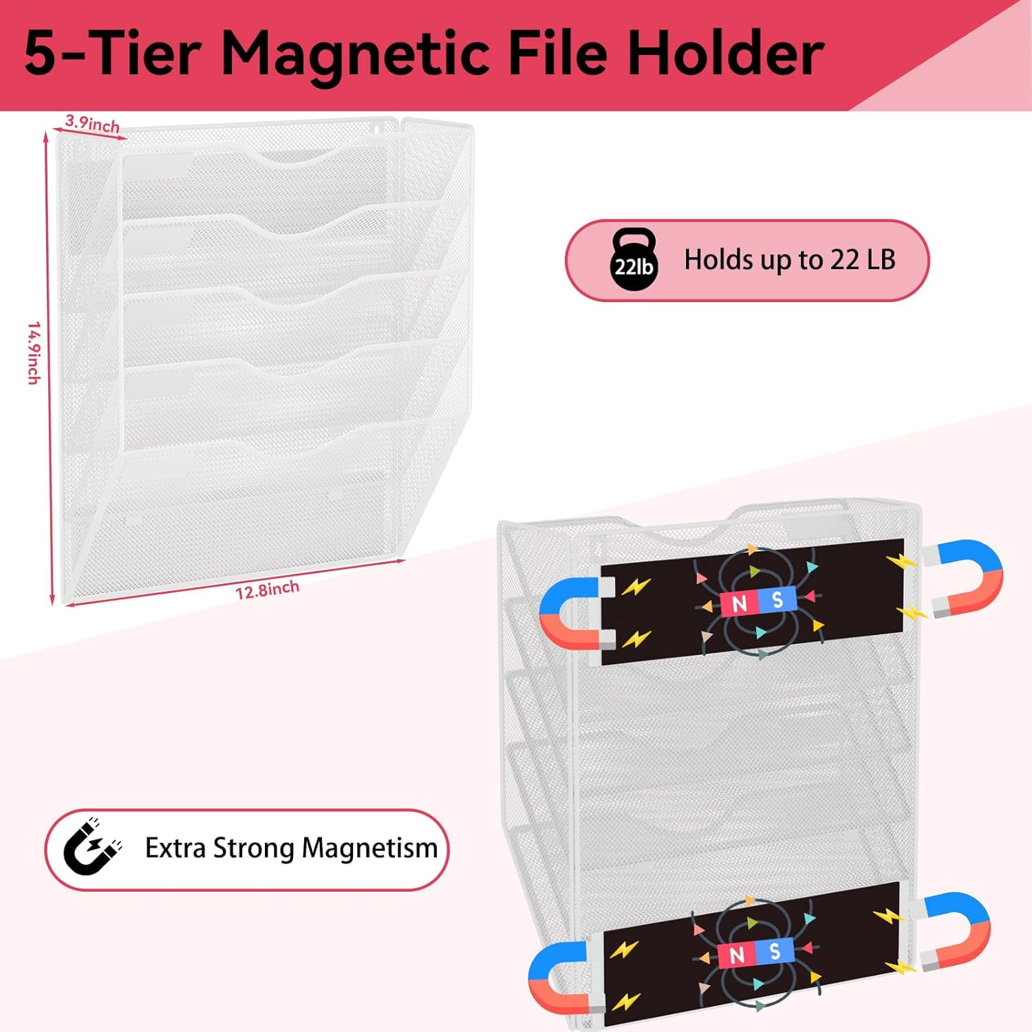 OPVM-5-Tier Magnetic File Holder, No Drilling Wall File Organizer, File ...