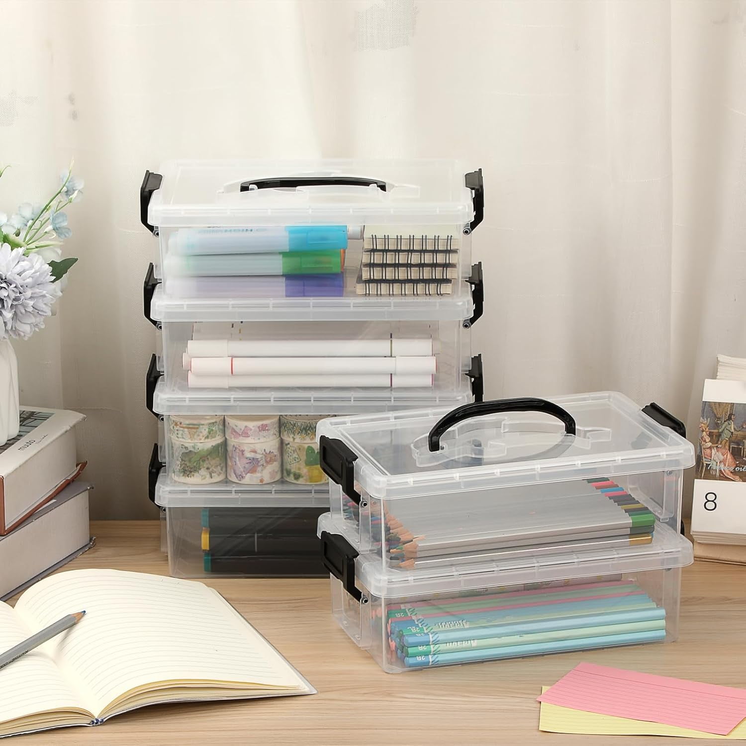 OPVM-6-Pack Large Stackable Pencil Boxes with Handles, Transparent ...