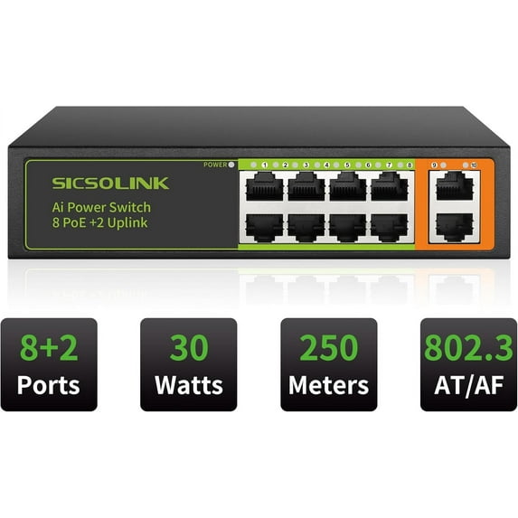OPVM-8 Ports PoE+ Ethernet Switch 2 Uplink 802.3af/at 120W Total Power ...