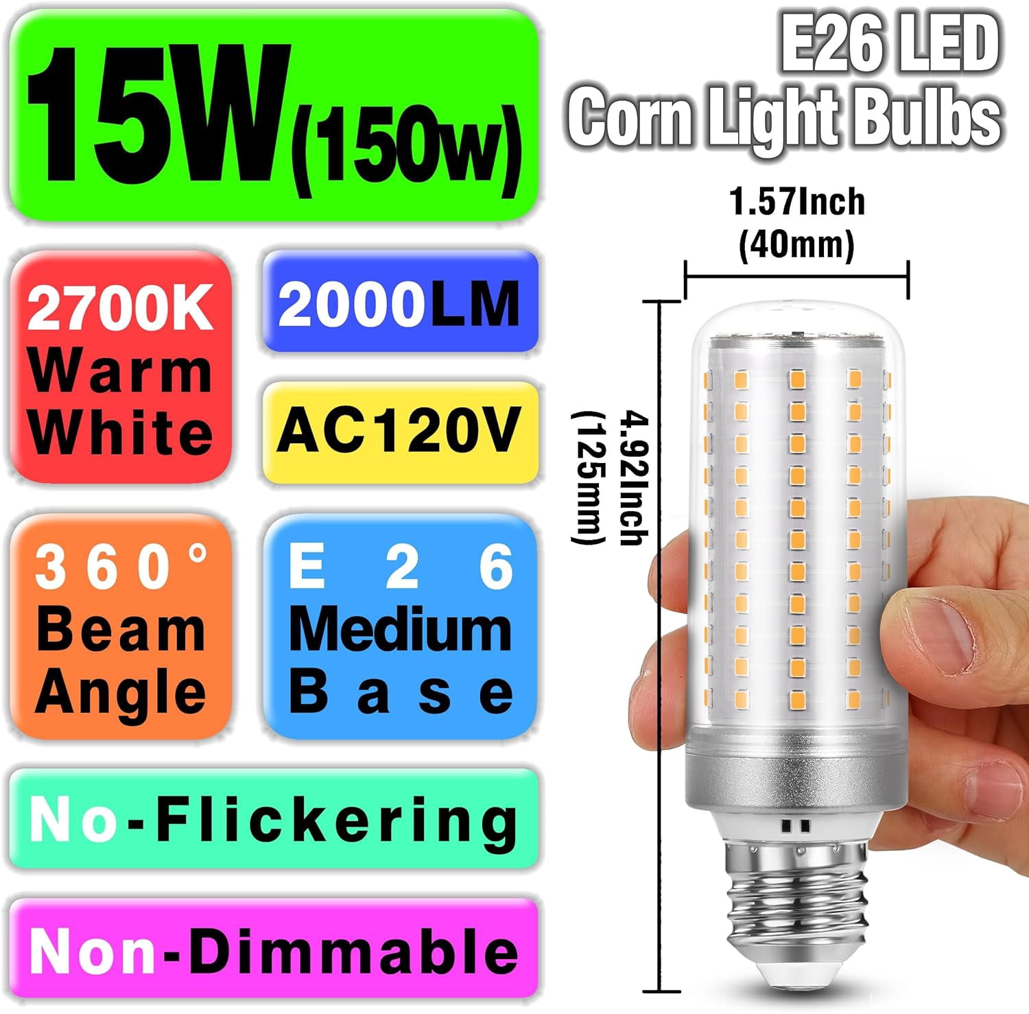OPVM-Big 1.57x 4.92 inch, E26 LED Corn Light Bulbs 150 Watt Equivalent ...