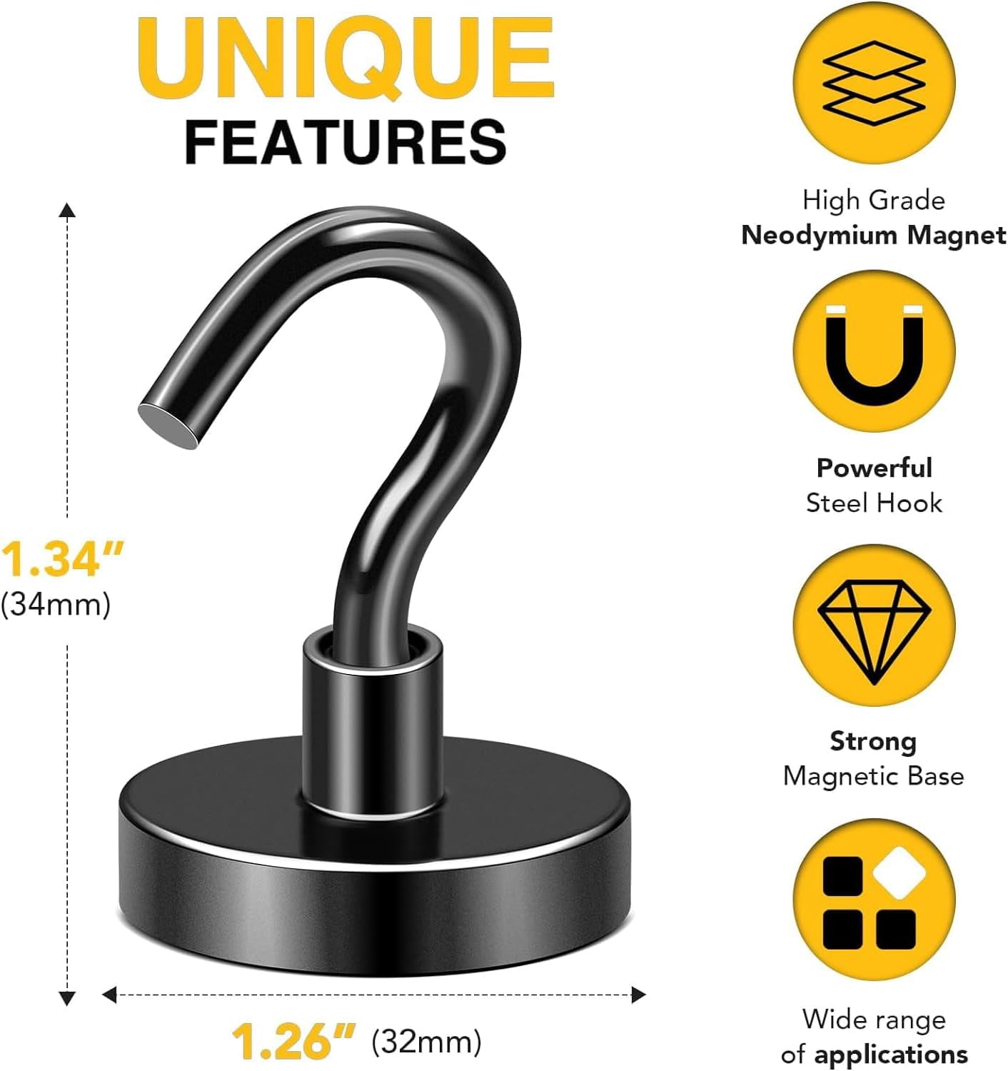 OPVM-Black Magnetic Hooks, 120 LB Heavy Duty Strong Magnets with Hook ...