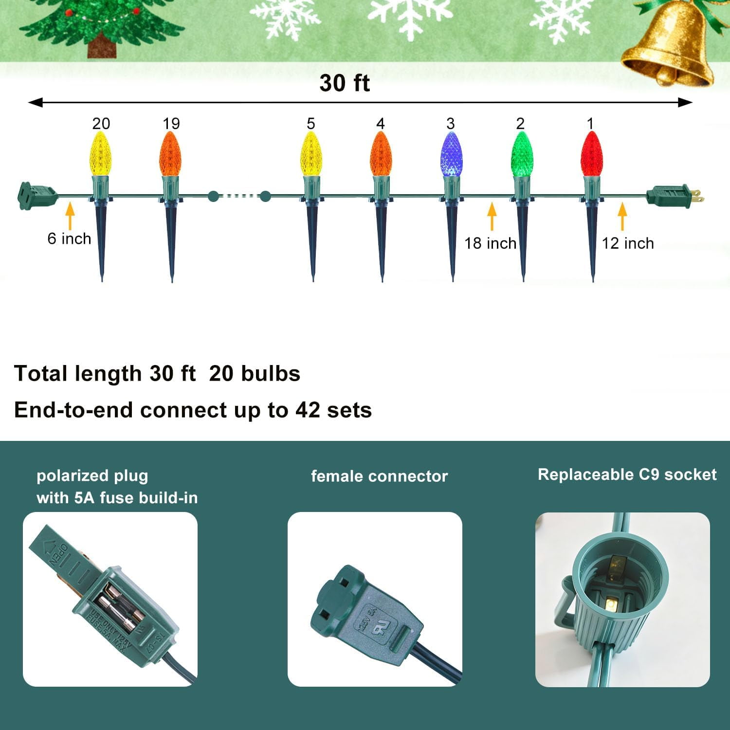 OPVM-C9 LED Christmas Pathway Lights,30 Ft 20 Light Bulbs & Stakes ...