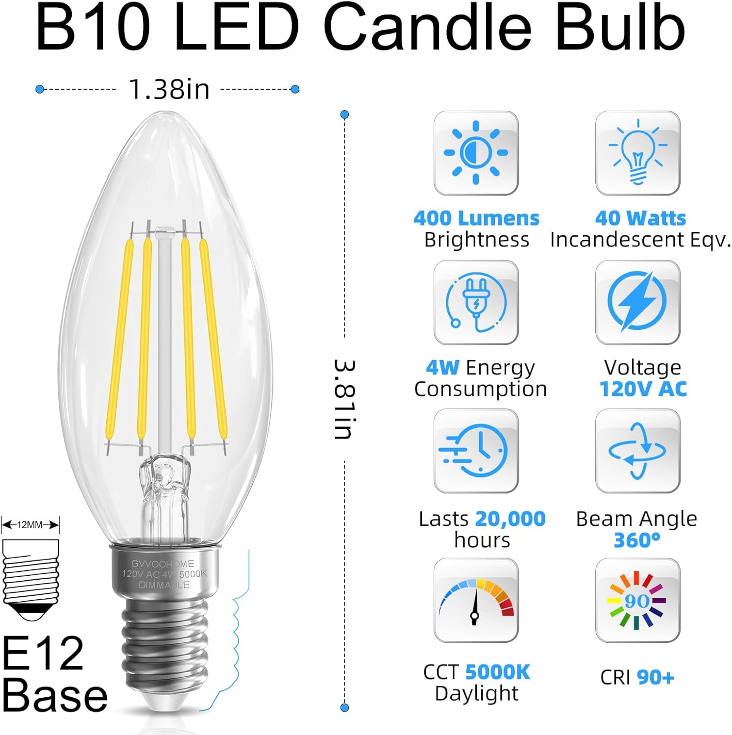 OPVM-Candelabra Light Bulbs 40 watt Equivalent, E12 LED Bulb Dimmable ...