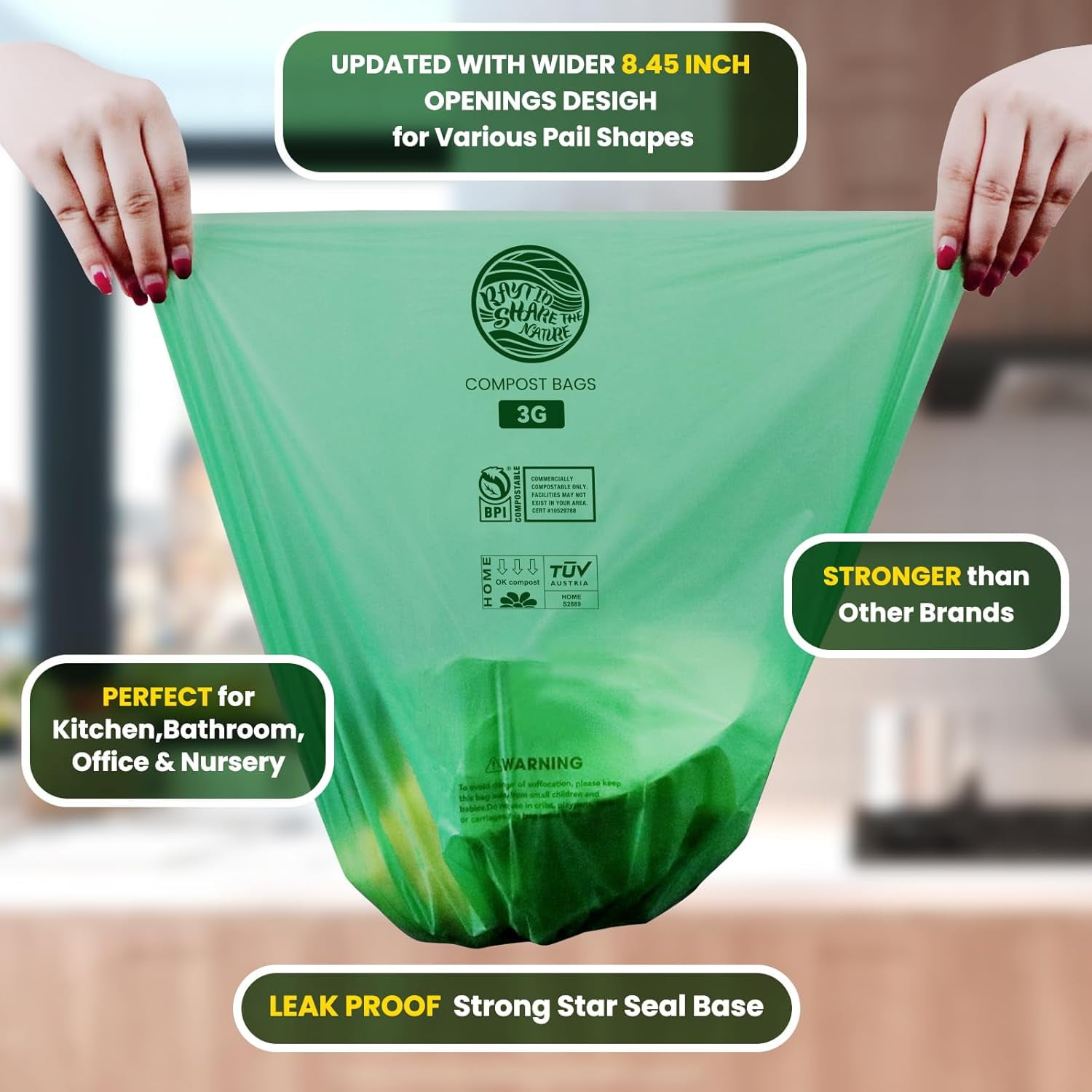 OPVM-Compost Bags 3 Gallon,100 Count,Compost Food Scrap Waste Bags Fits ...