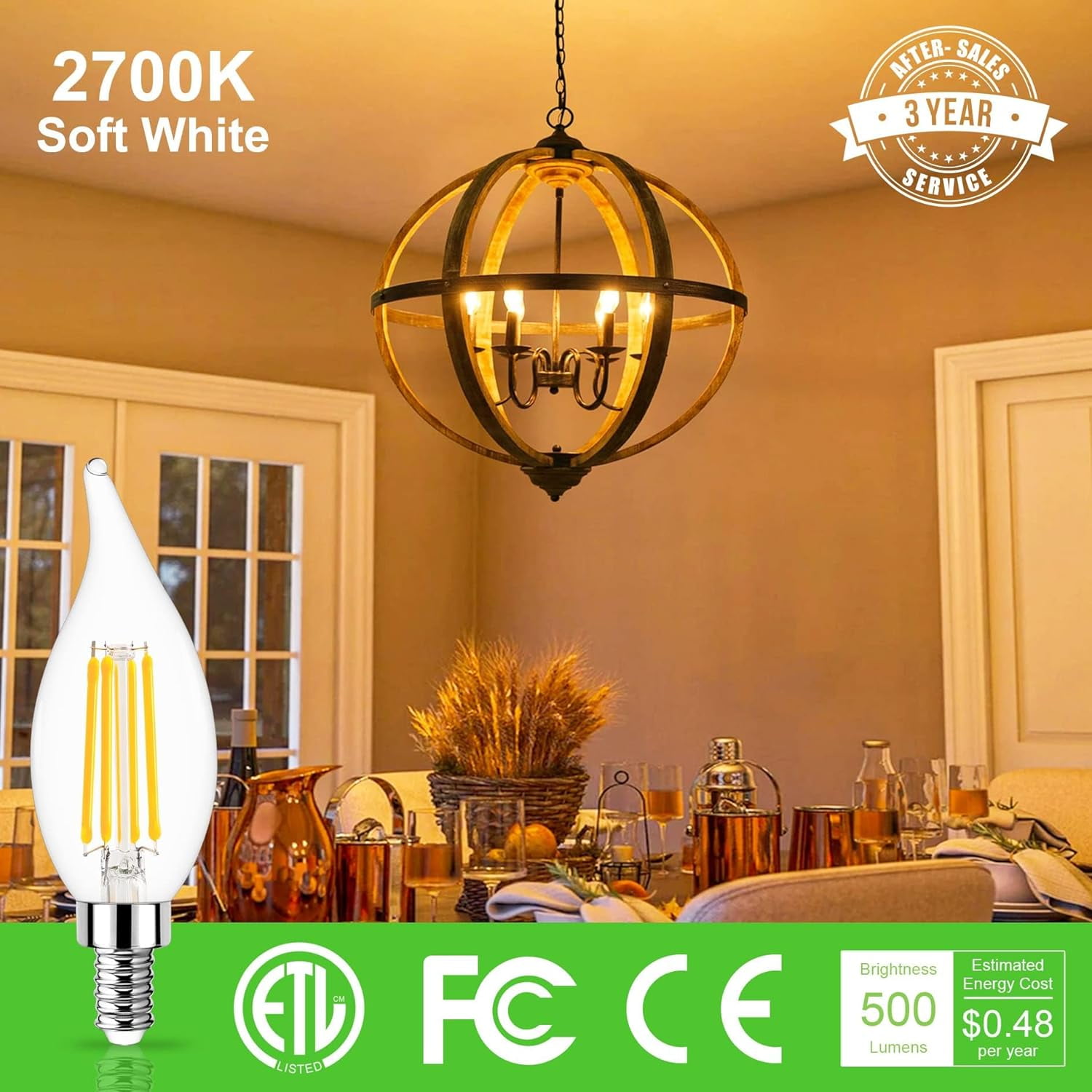 OPVM-Dimmable E12 LED Bulb 60 Watt Equivalent, Soft White 2700K, 500 ...
