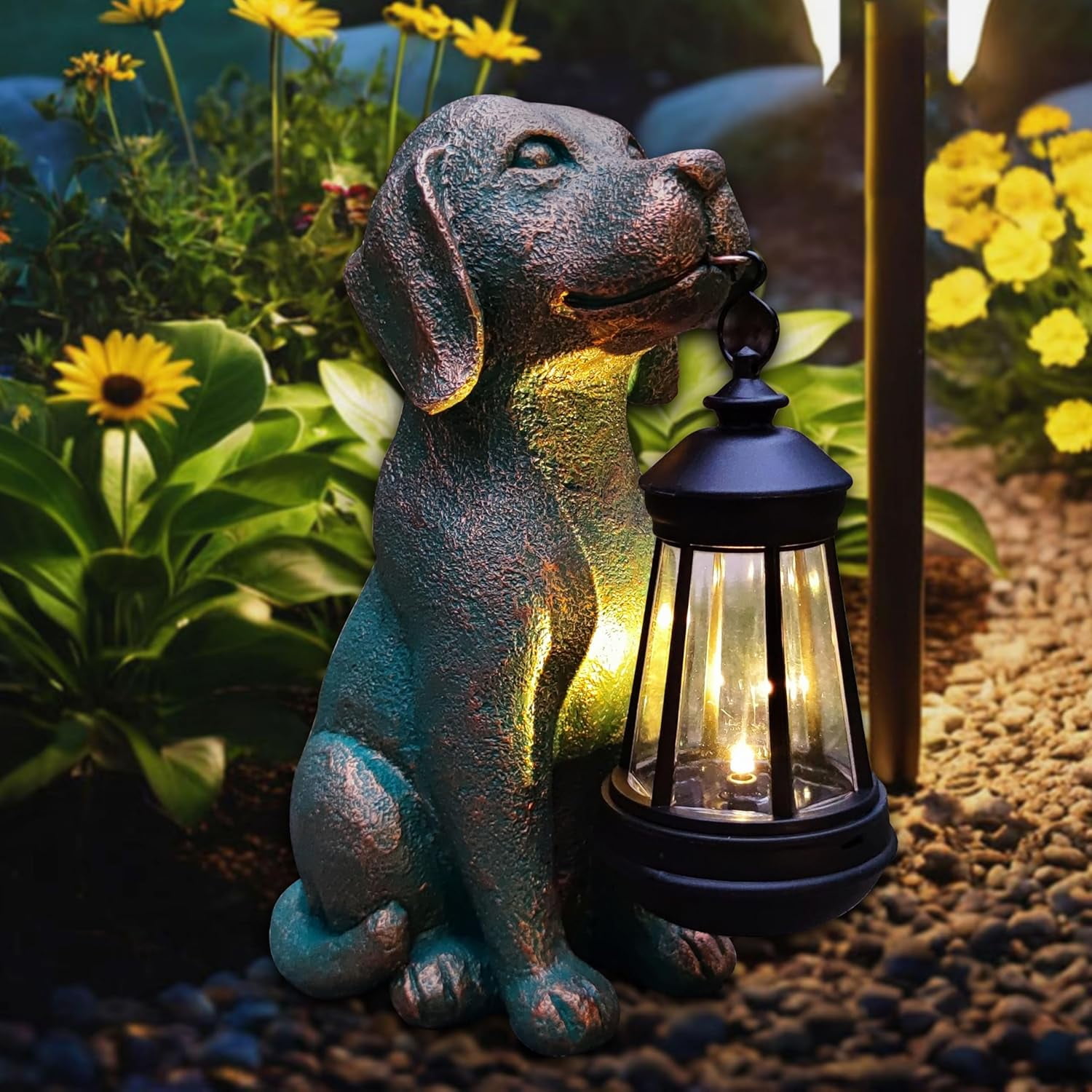 OPVM-Dog Garden Statue Outdoor Décor with Solar Lights Lantern,Dog ...