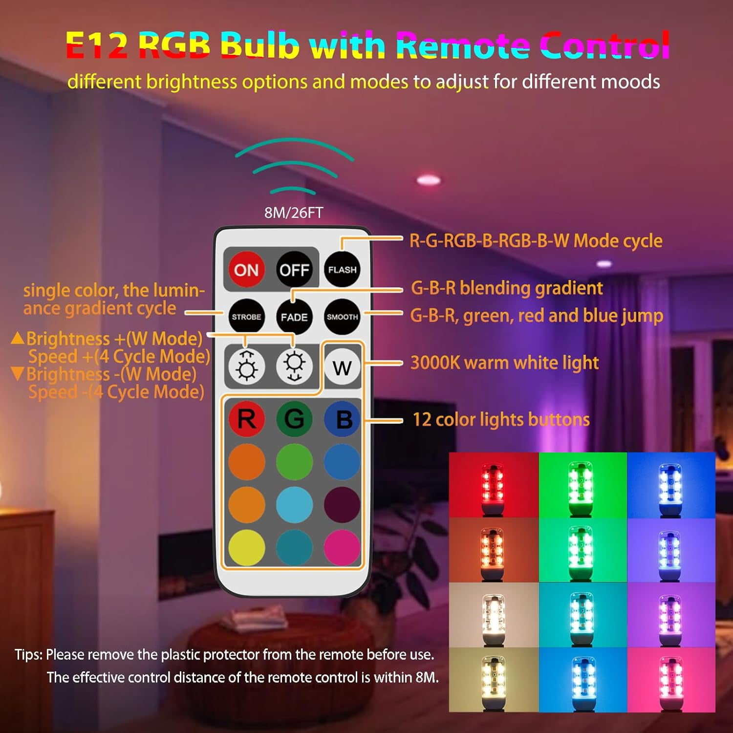 OPVM-E12 LED Bulb Dimmable 2W Equivalent 20W 25W, 12 Color RGB Color ...