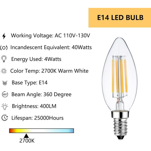 OPVM-E14 Light Bulb 40 Watt Equivalent Dimmable Candle Bulb 2700K Warm ...
