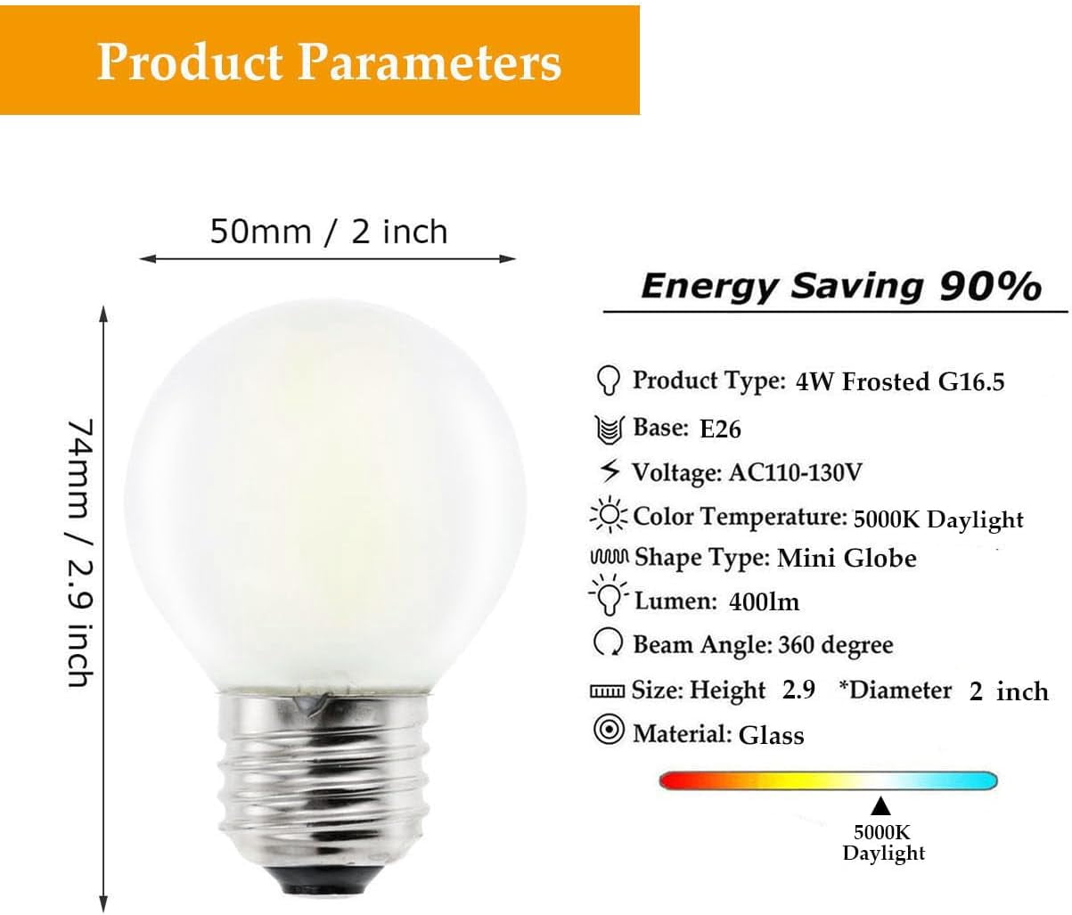 OPVM-E26 Dimmable Frosted LED Light Bulbs Daylight 5000K,4W G16.5/G50 ...