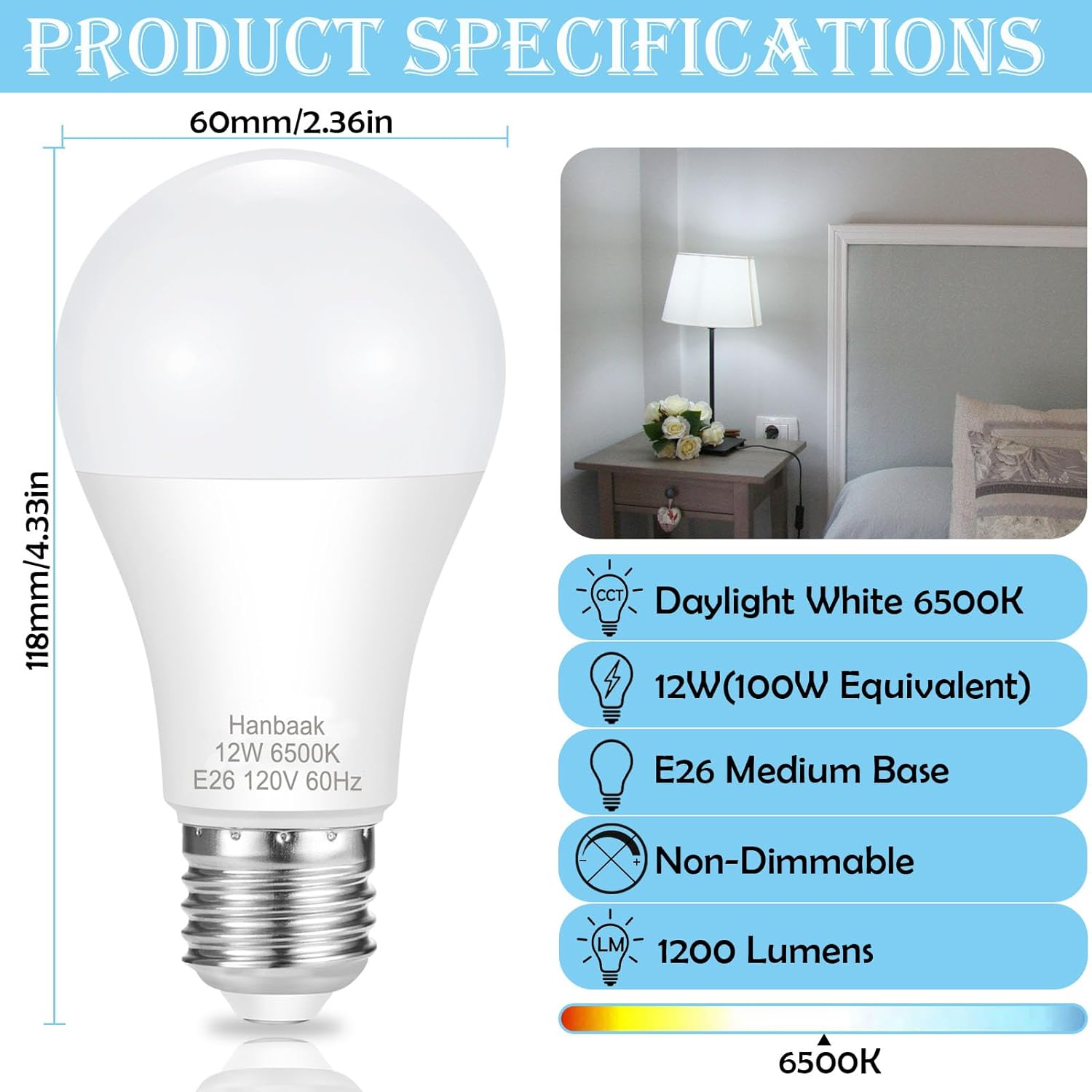 OPVM-E26 LED Bulb, 100W Equivalent Light Bulb, 12W Medium Base Bulb, Non-Dimmable, Daylight ...