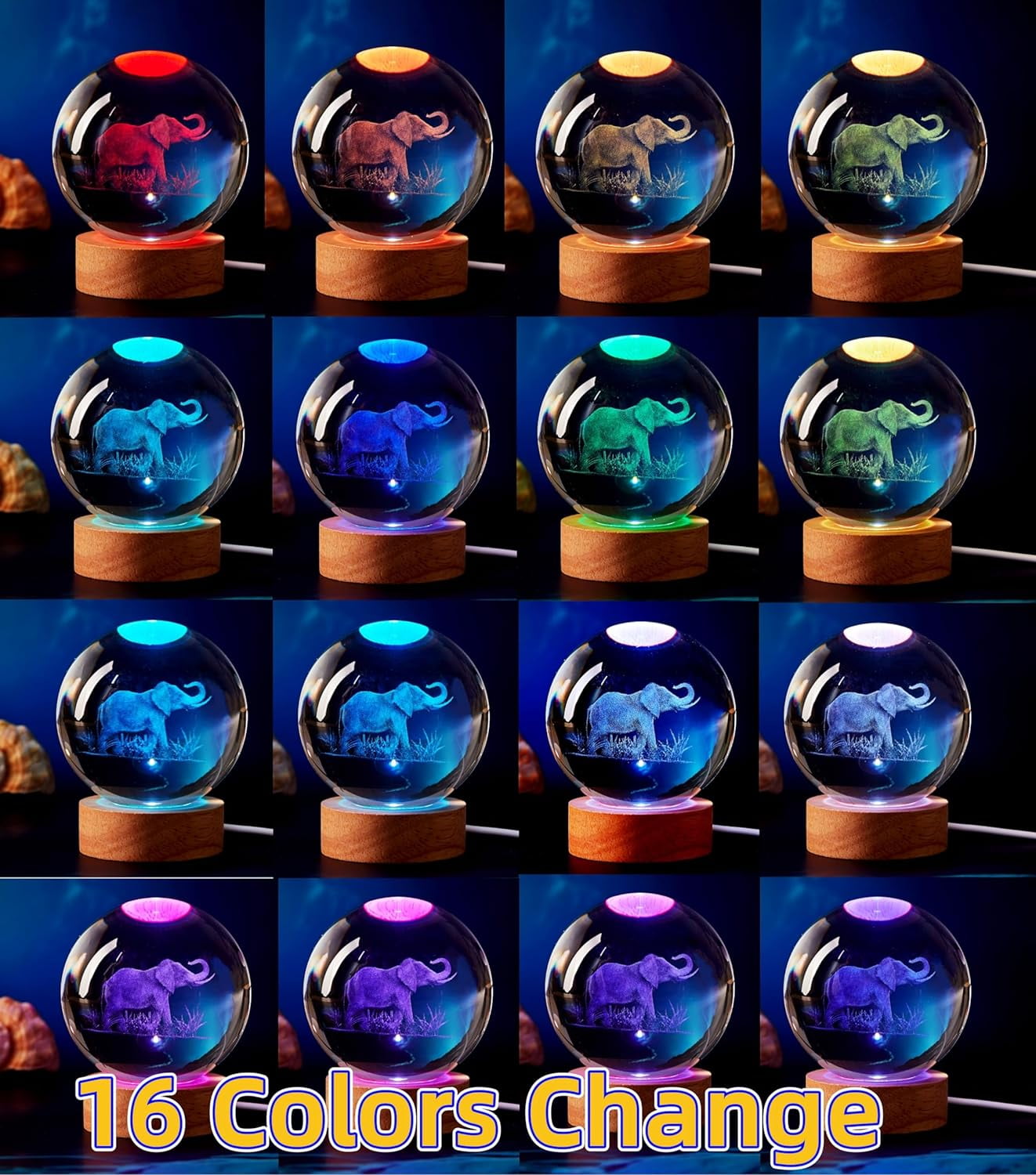 OPVM-Elephant Crystal Ball Night Light, 3.15 Inch 3D Elephant Crystal ...