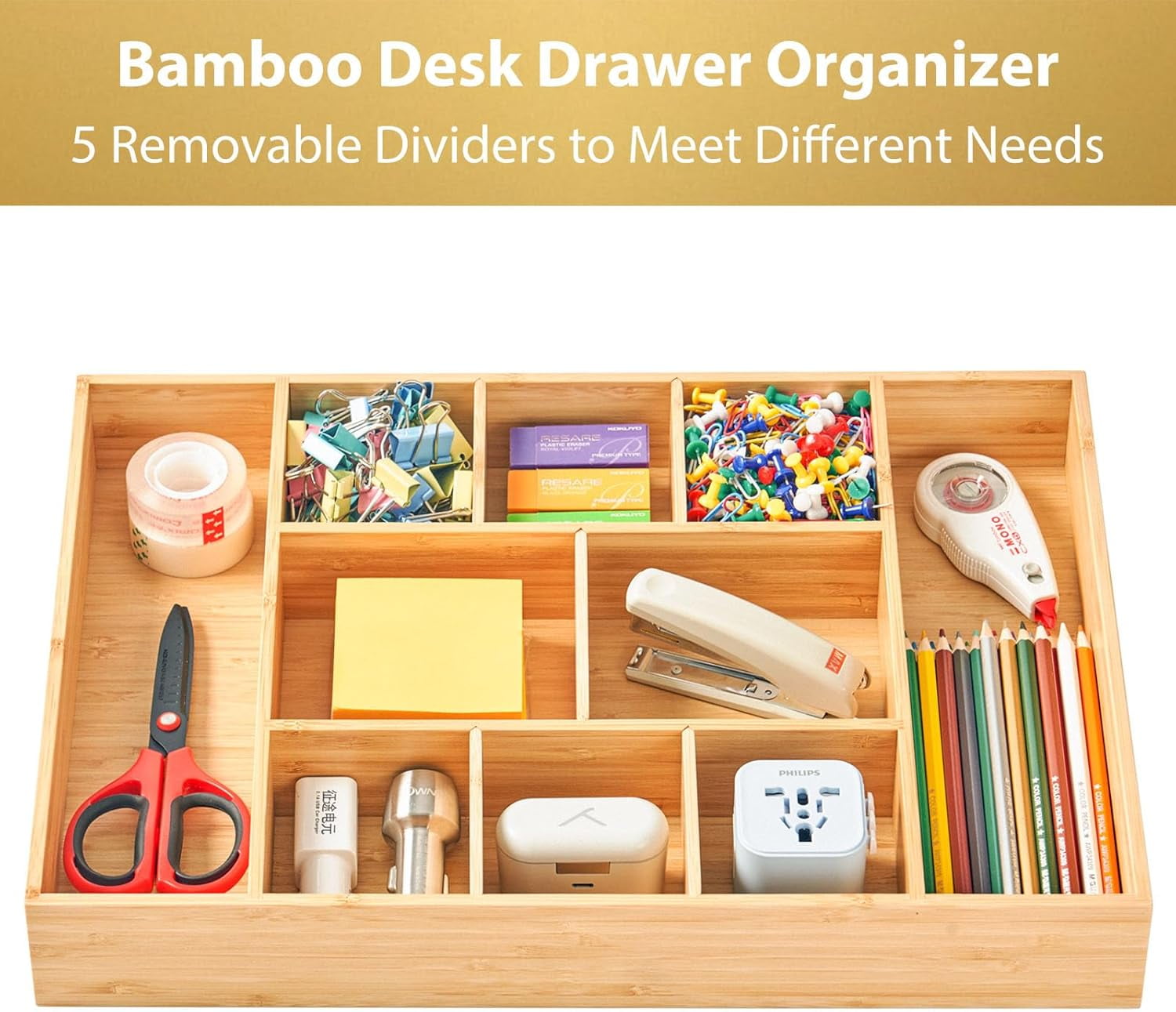 OPVM-Extra Large Bamboo Desk Drawer Organizer, Wood Junk Organizer Tray ...