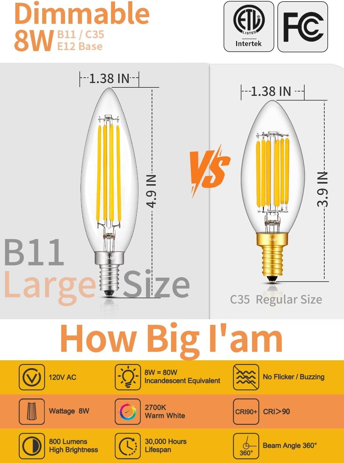 OPVM-Extra Long 5in Dimmable LED Candelabra Bulbs, 8W=80W Incandescent ...