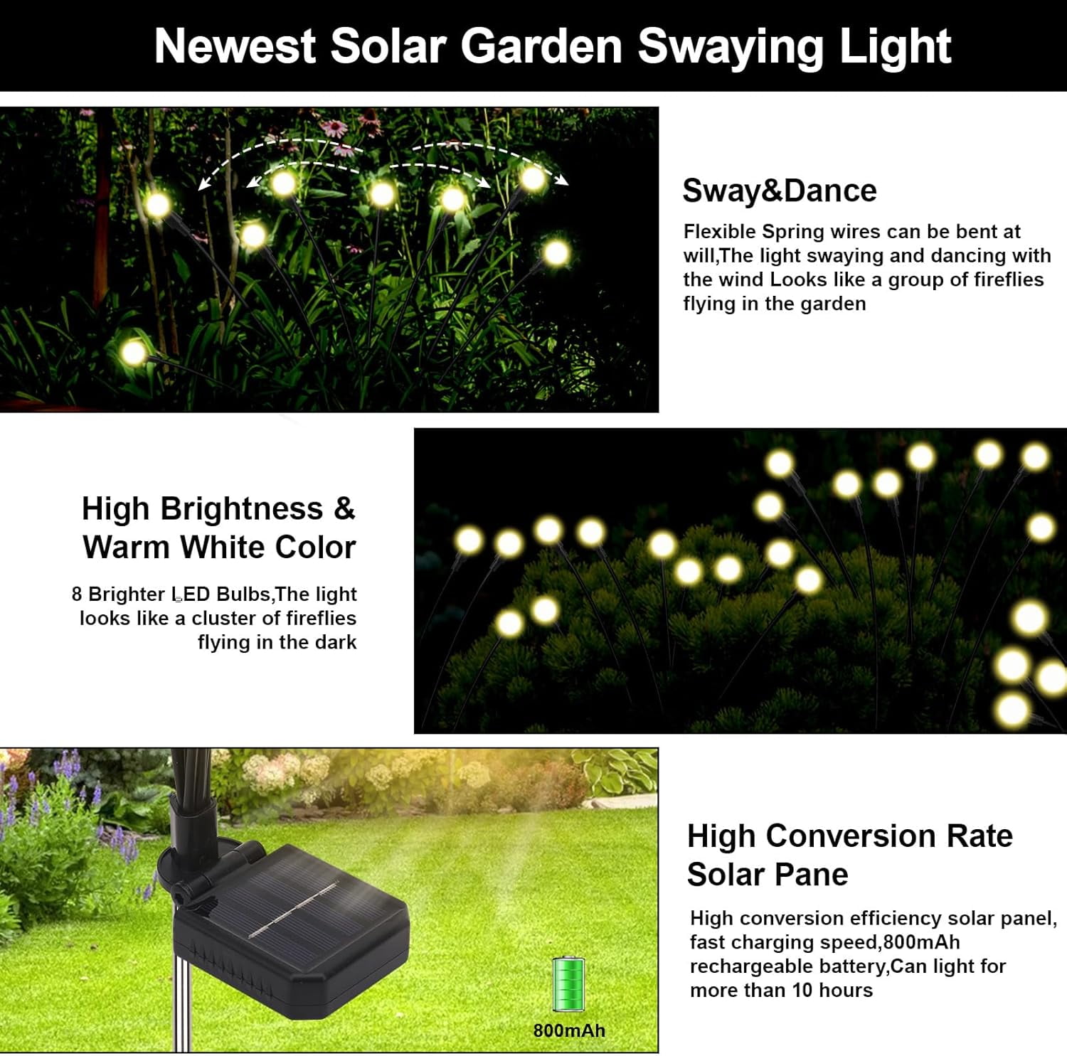 OPVM-Firefly Lights Solar Outdoor, 8 Modes 800mAh Swaying Solar Firefly ...