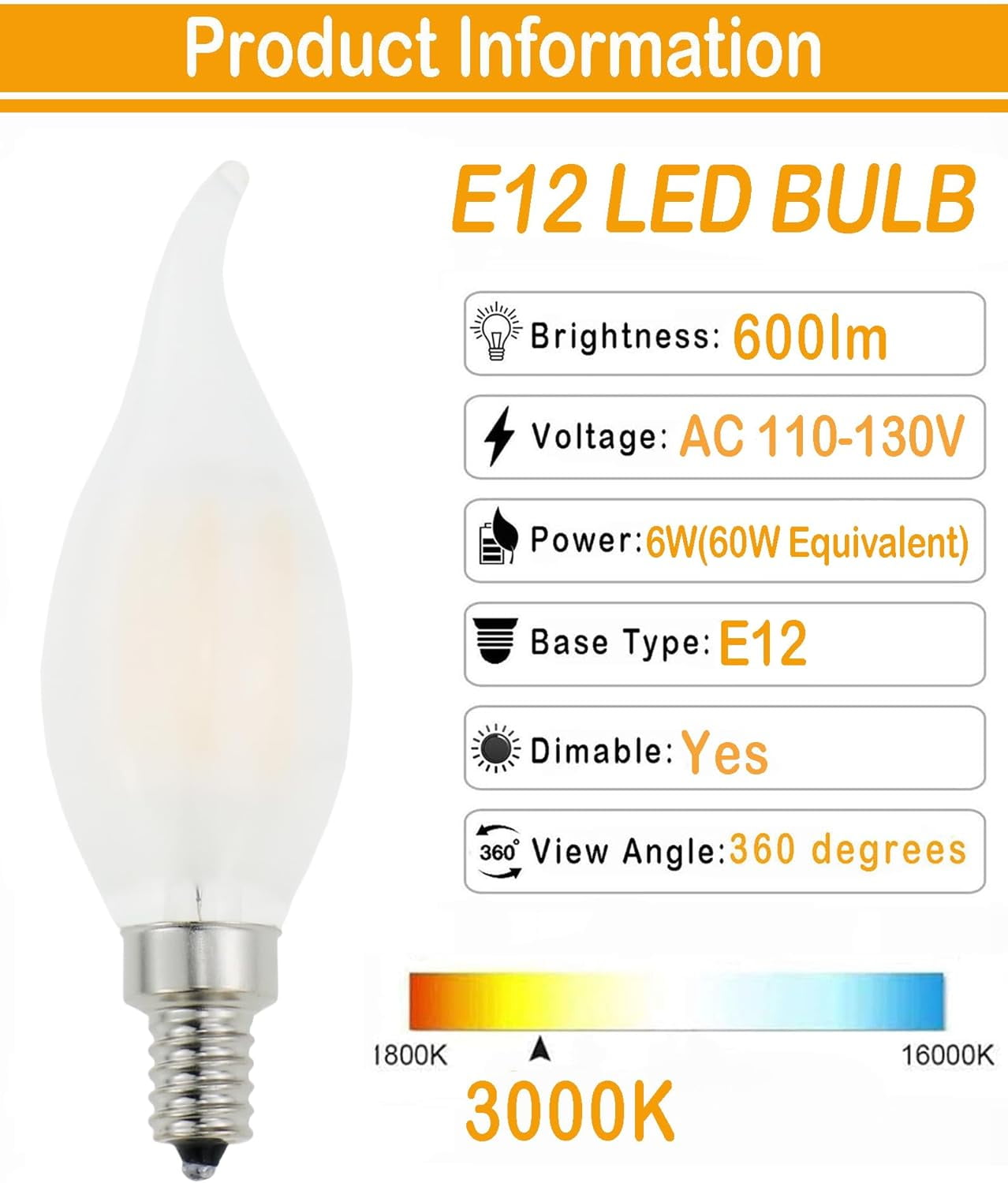 OPVM-Frosted E12 Candelabra Bulb 60 Watt Dimmable,Flame Bent Tip Shape ...