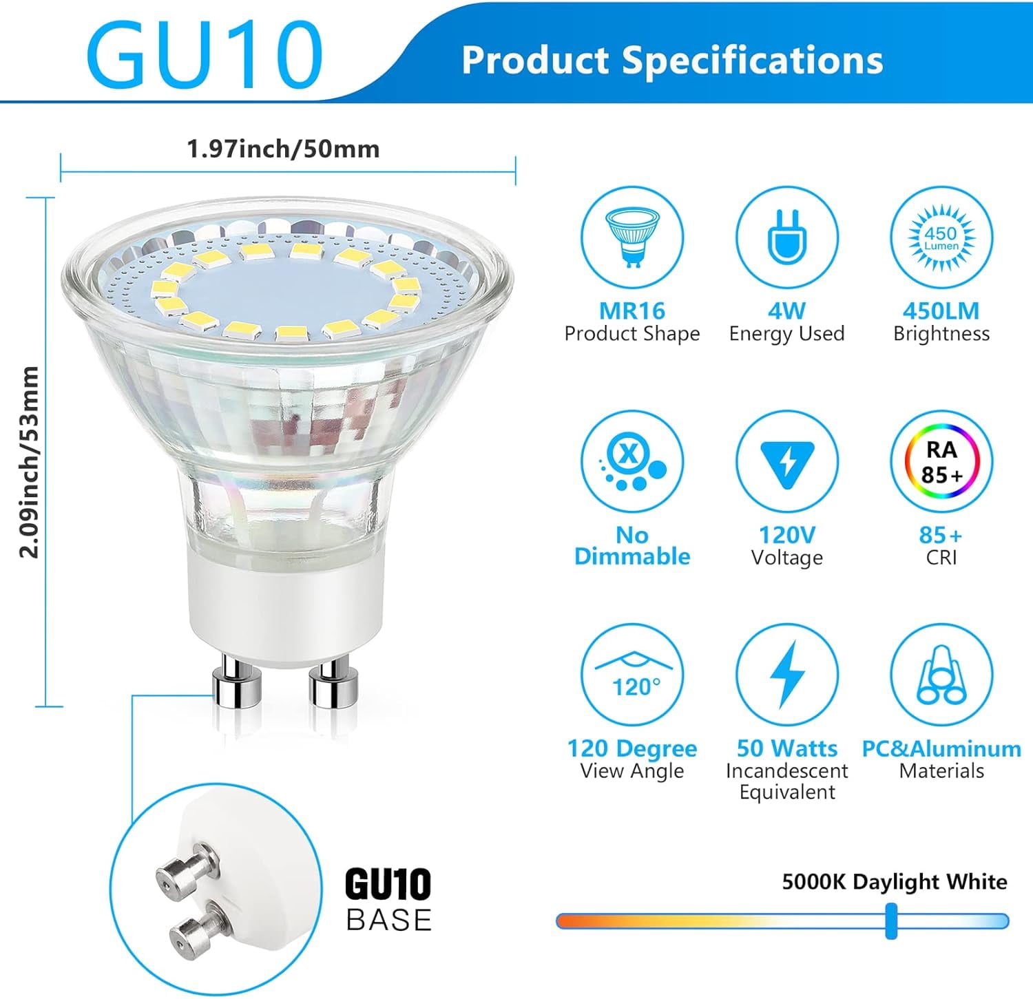 OPVM-GU10 LED Light Bulb, 50 Watt Halogen Equivalent Daylight White ...