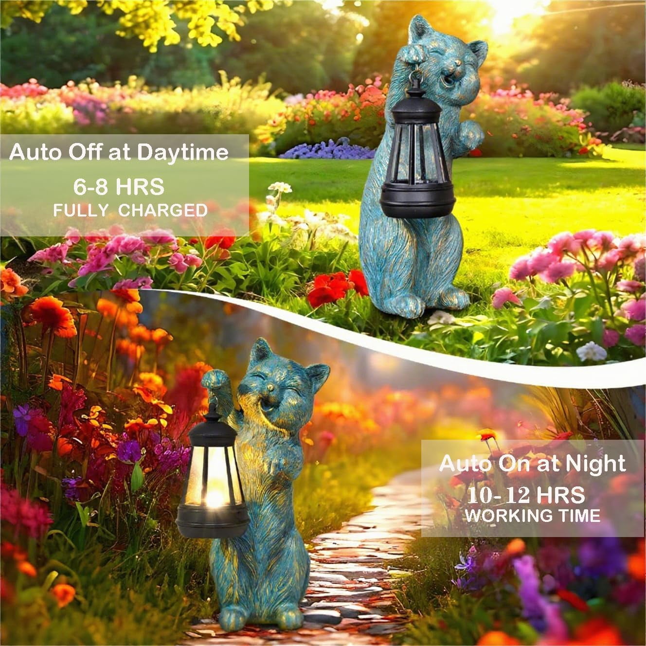 OPVM-Garden Statue Cat with Solar Lantern Outdoor Decorations Cat ...