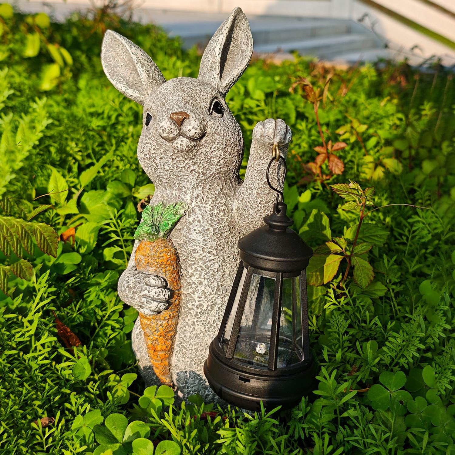 OPVM-Garden Statues Rabbit Solar Lantern Outdoor Handmade Resin Statue ...