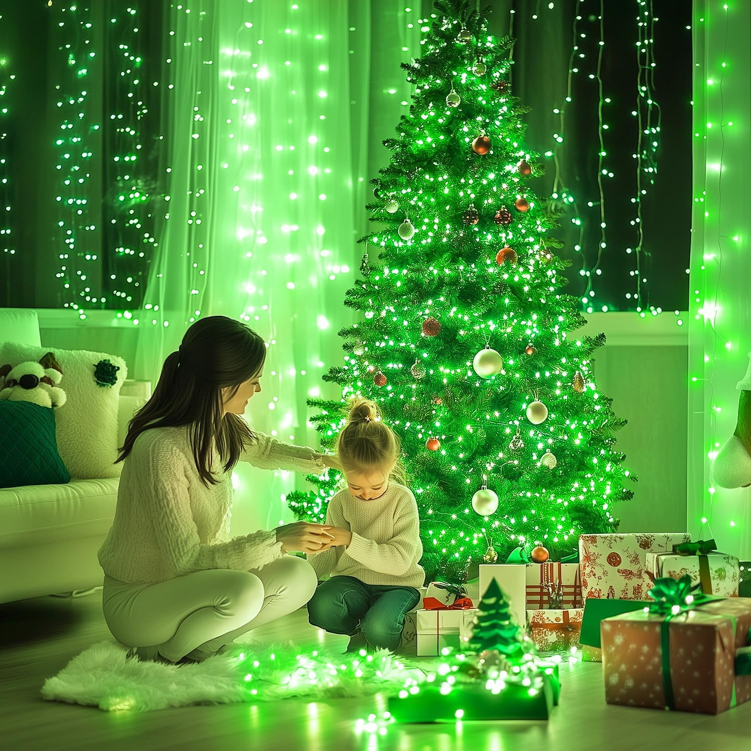 OPVM-Green Christmas Lights Indoor Plug in,150 LED Connectable String ...