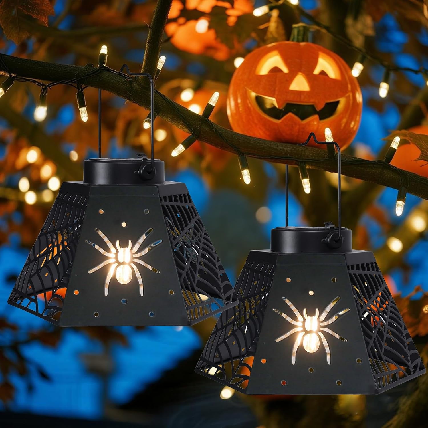 OPVM-Halloween Lantern Lights, 2 Pack Solar Hanging Spider Wed Lights ...