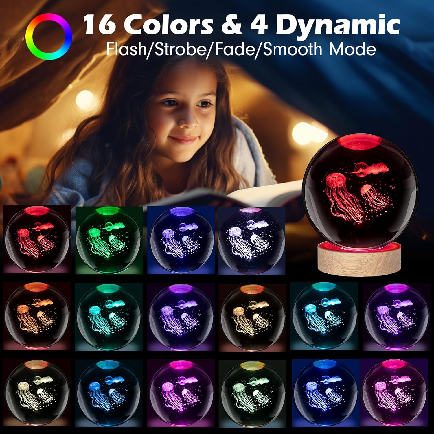OPVM-Jellyfish 3D Crystal Ball Lamp, 3.15inch 16 Color Changing Oceans ...