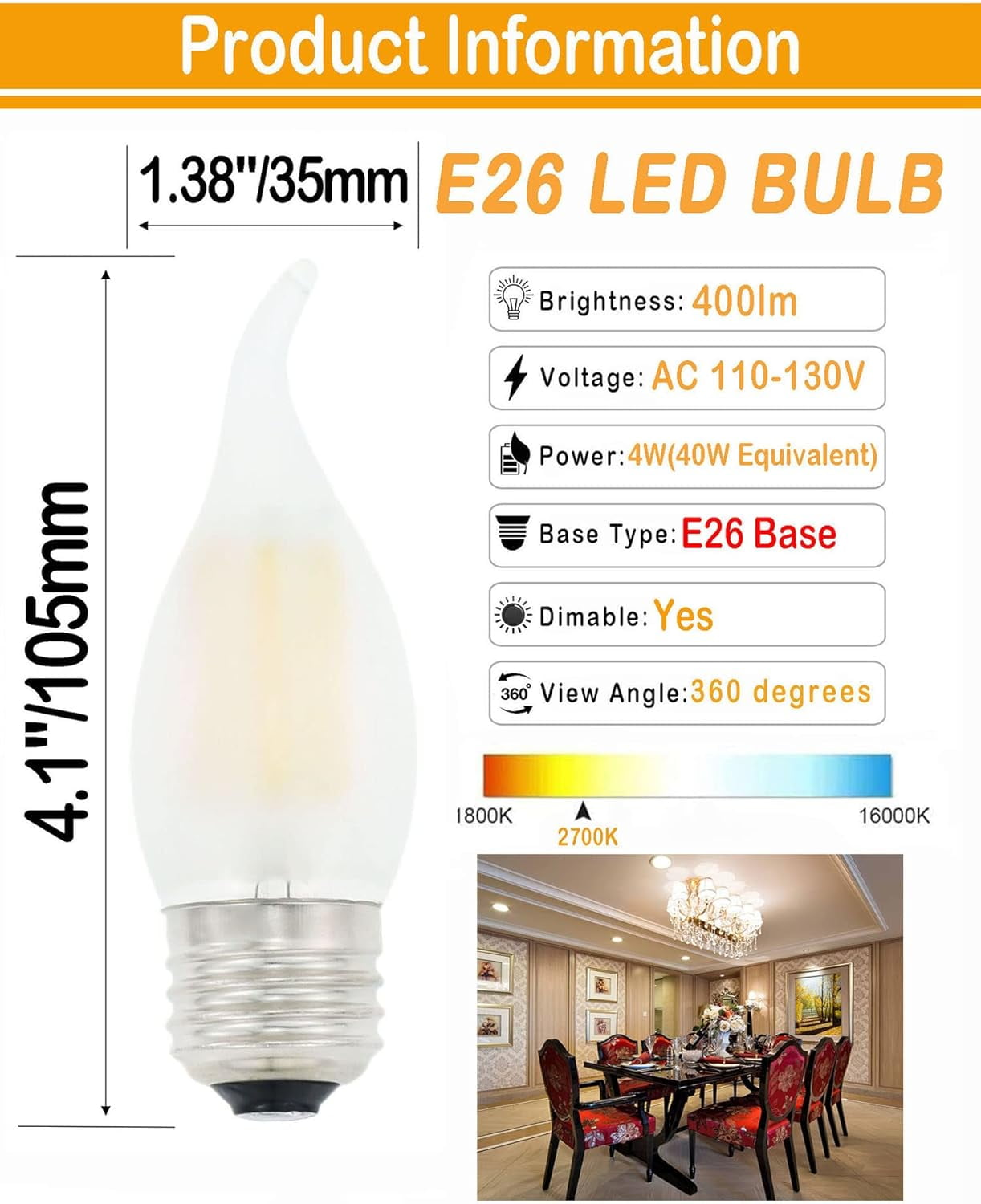 OPVM-LED Candelabra Bulb 4W Dimmable 40W Equivalent,Frosted Glass Flame ...