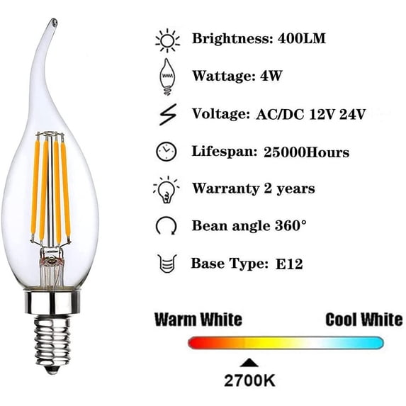 OPVM-Low Voltage 12V 24V Candelabra E12 Base LED Light Bulb Flame Tip ...