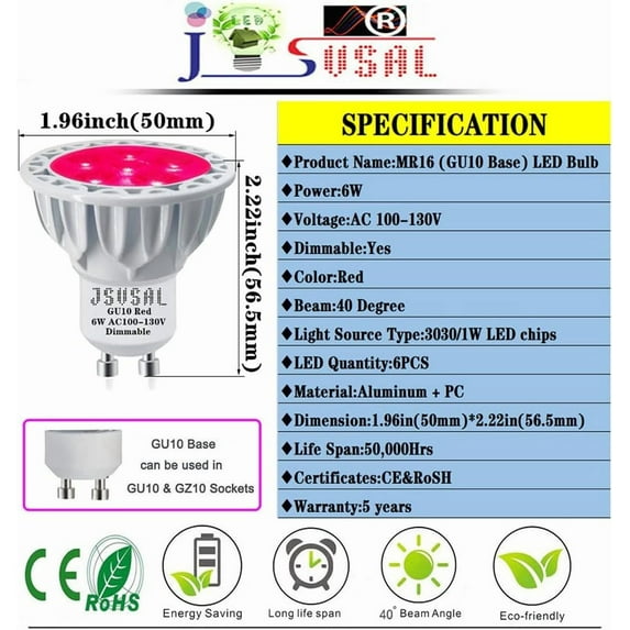 OPVM-MR16 GU10 LED Light Bulbs,Dimmable,120V,Red,6W,50Watt Equivalent ...