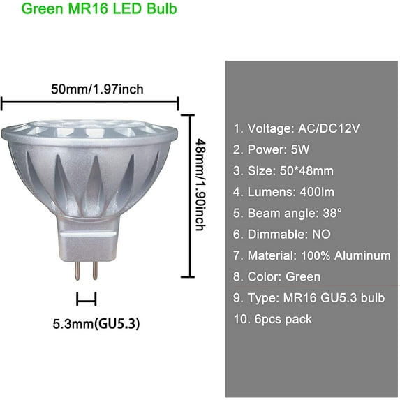 OPVM-MR16 Green Led Bulbs 5W 12V,Replace 20W 35W 50W Halogen,Low ...