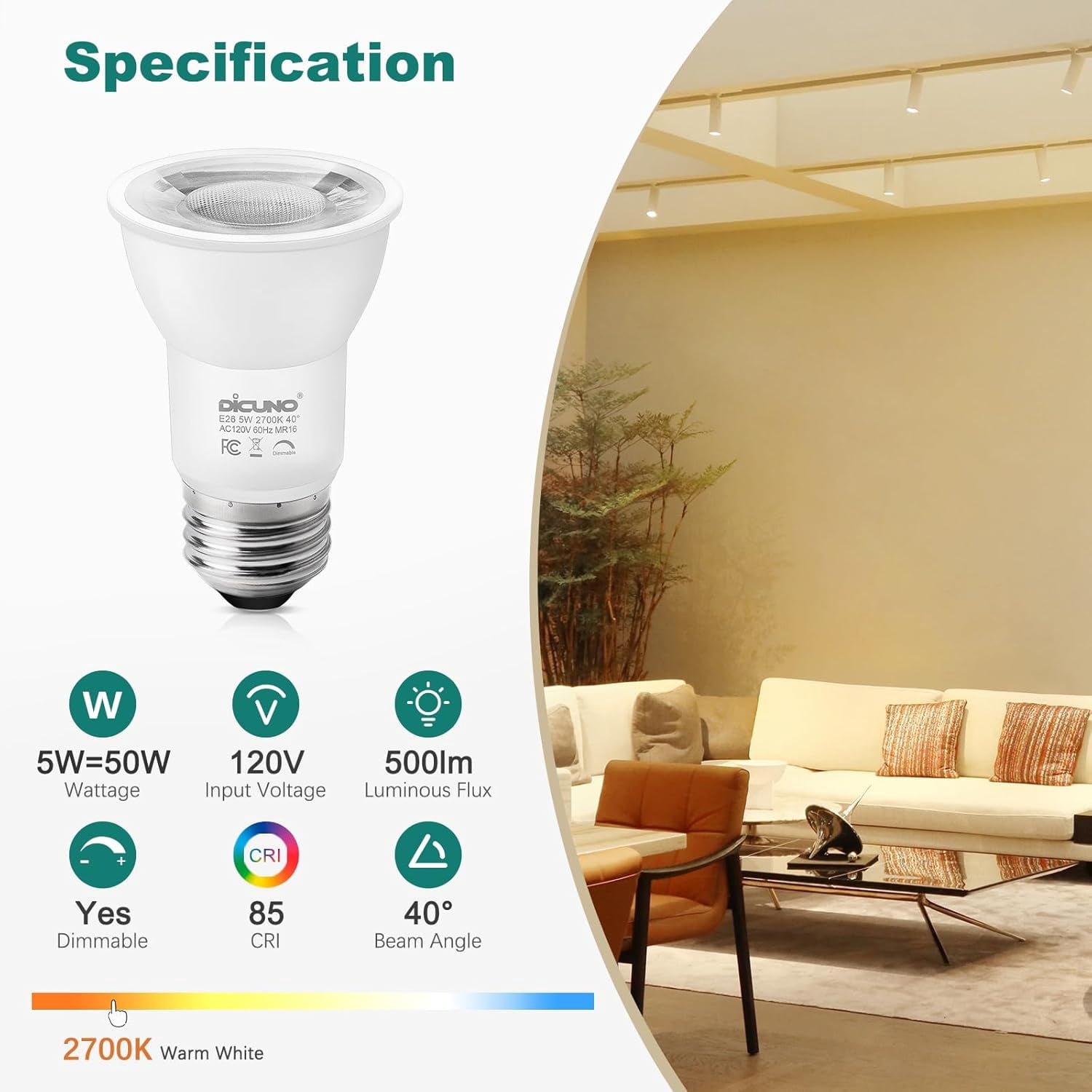 OPVM-PAR16 LED Bulb Dimmable, 5W Long Neck Spotlight Bulb, 500Lumen, 40 ...