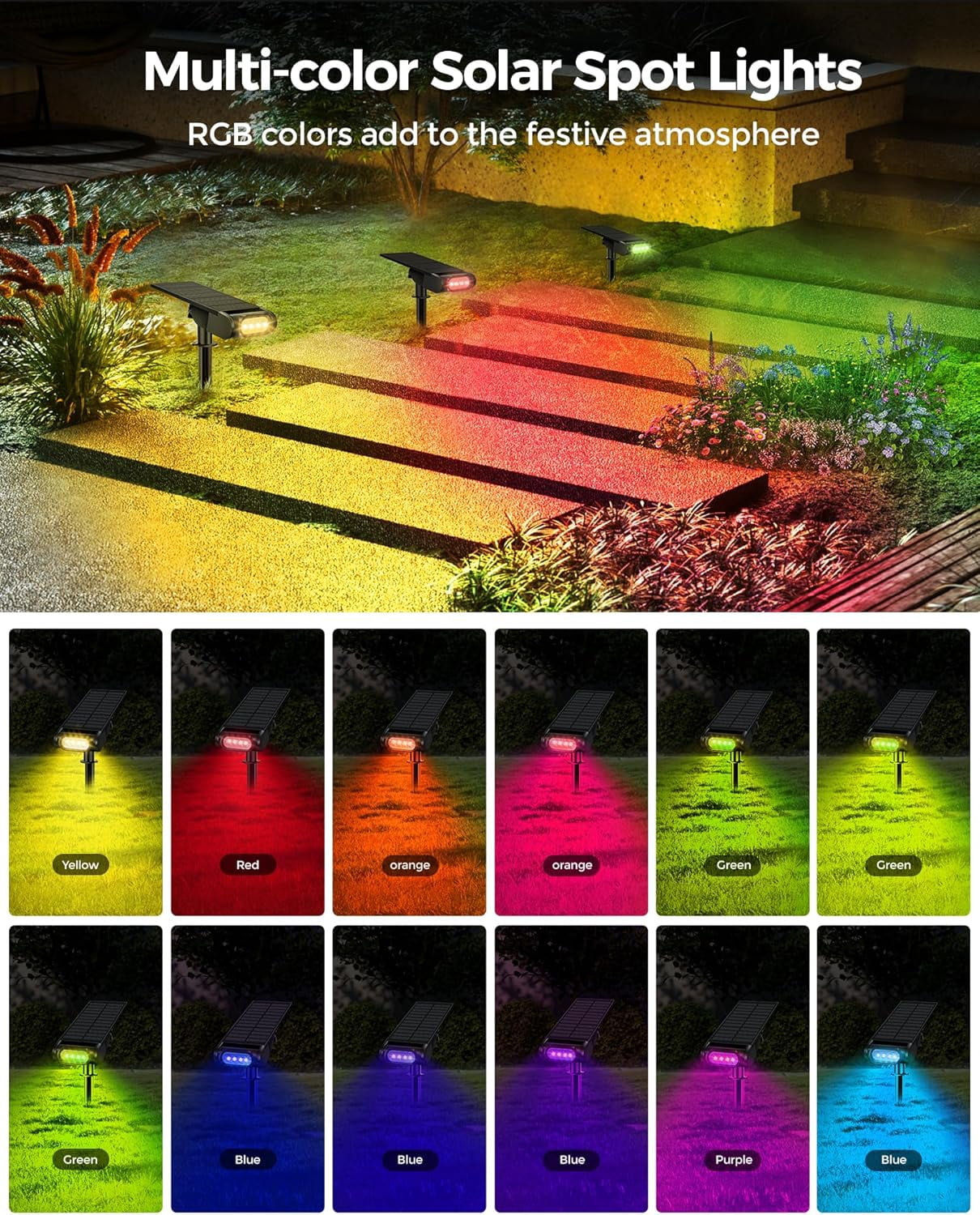 OPVM-RGB Christmas Solar Spot Lights Outdoor, 12 RGB Color Modes ...