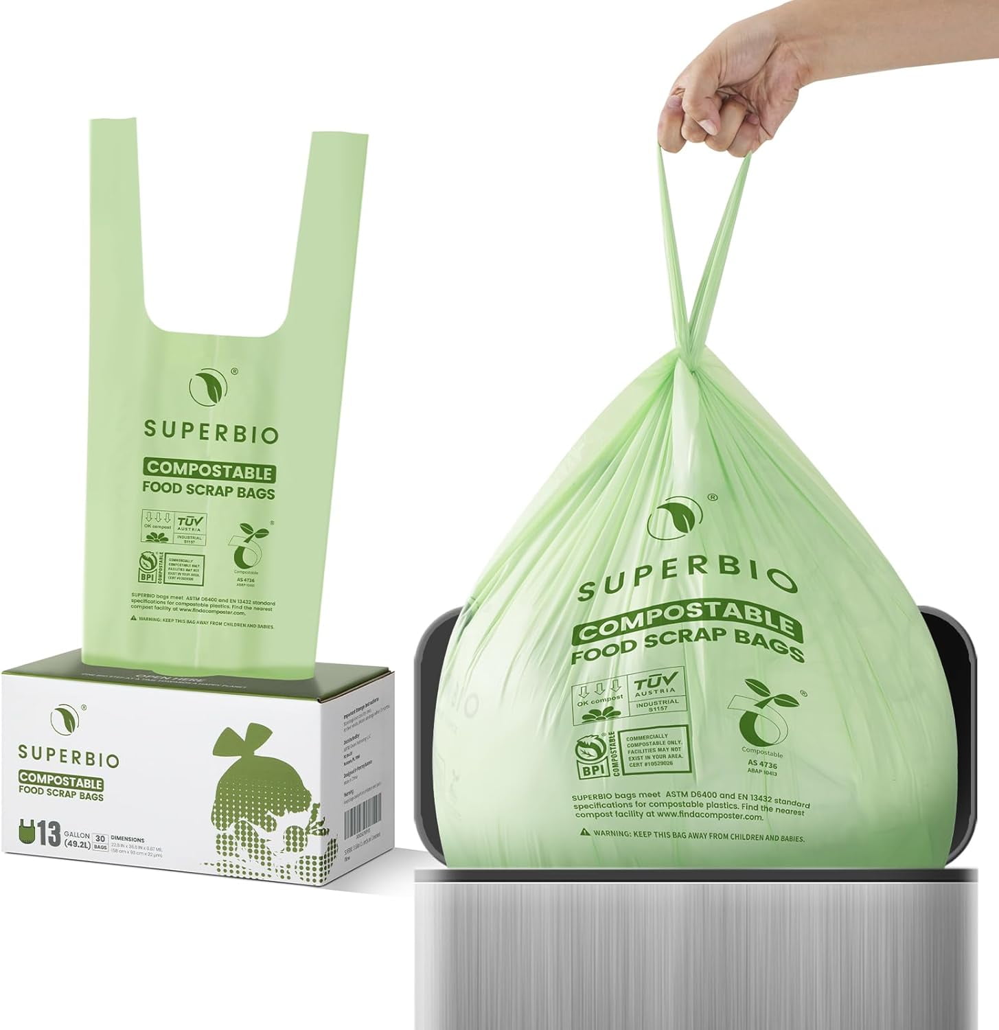 OPVM-SUPERBIO 13 Gallon Compostable Kitchen Waste Bags with Handles ...