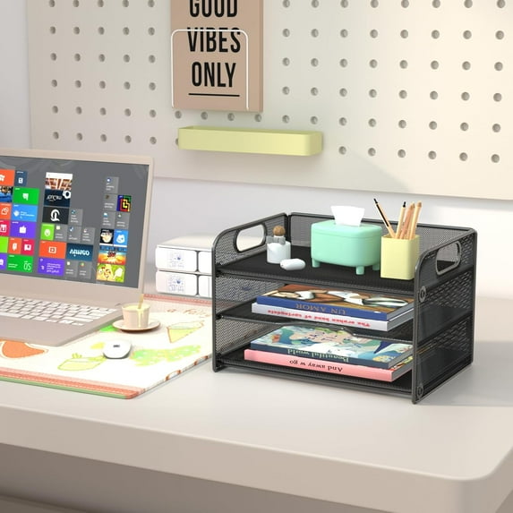 OPVM-Samstar 3 Tier Letter Tray Paper Organizer with Handle, Mesh Desk Organizer Paper Sorter ...