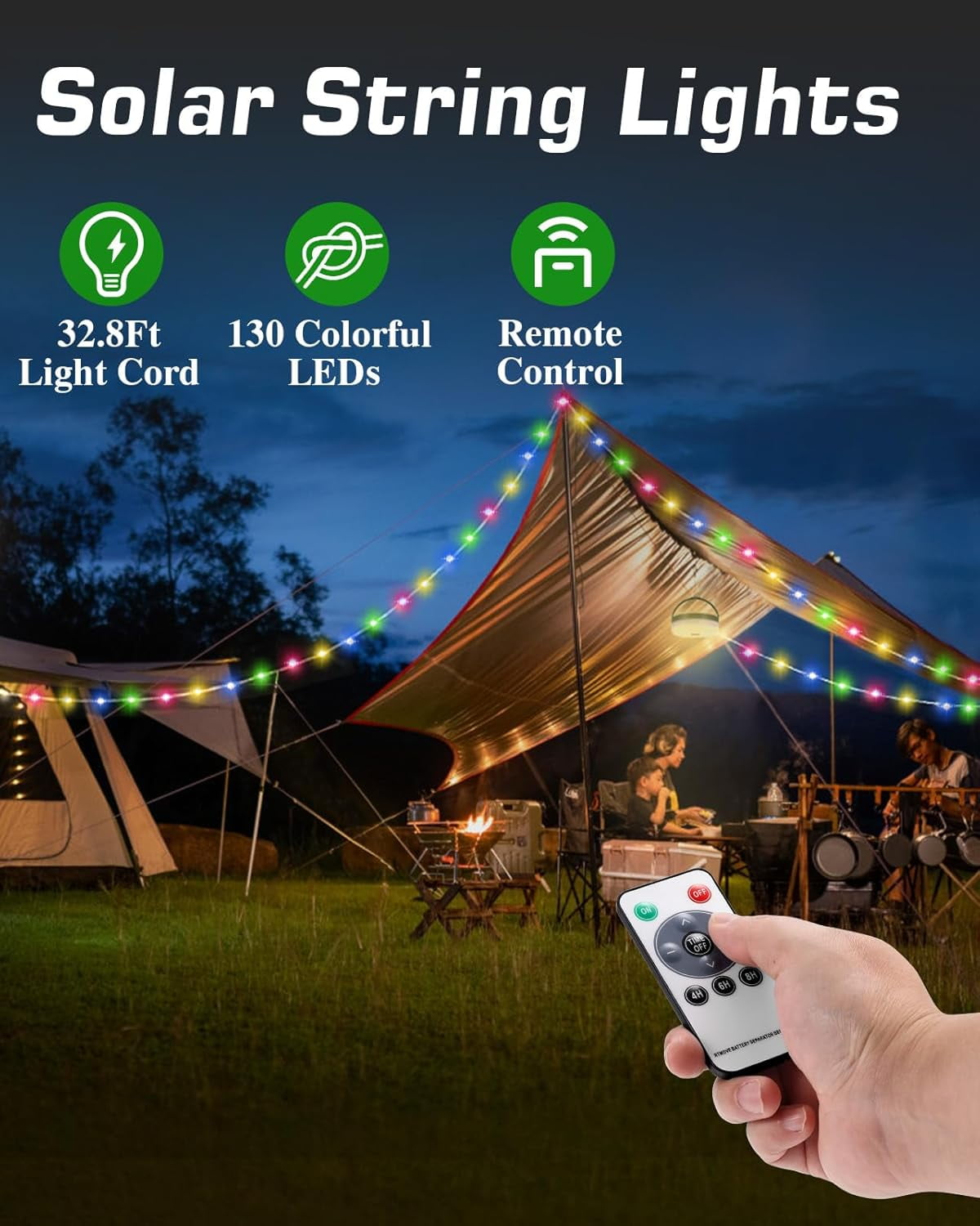 OPVM-Solar Camping String Lights 4 in 1, 32.8Ft Ultra Long Multi-Color ...