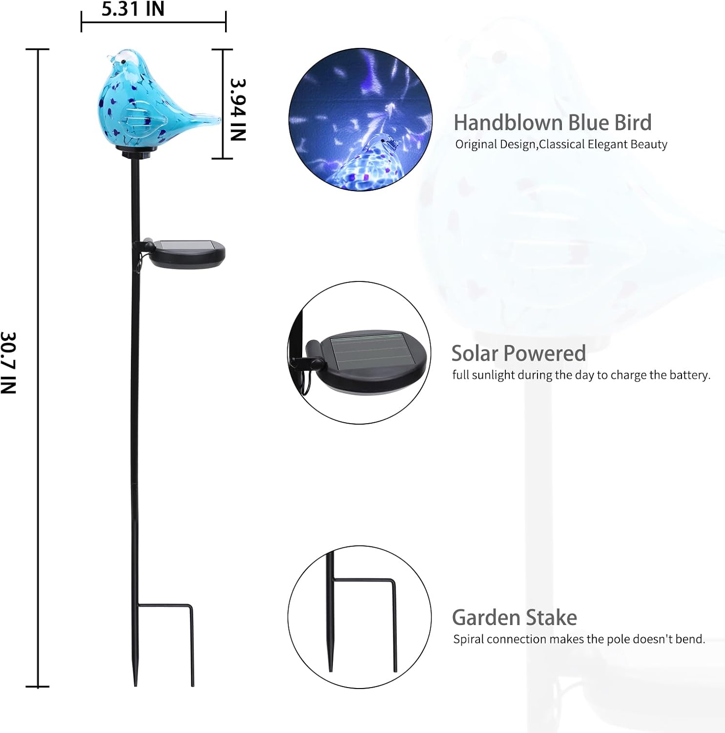 OPVM-Solar Garden Decoration Outdoor Bluebird Lights, Hand Blown Glass ...