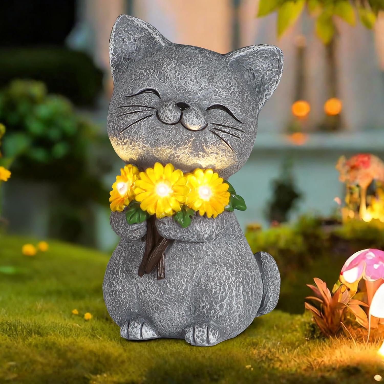 OPVM-Solar Garden Statues Cat with Daisy and LED Lights Birthday Gifts ...