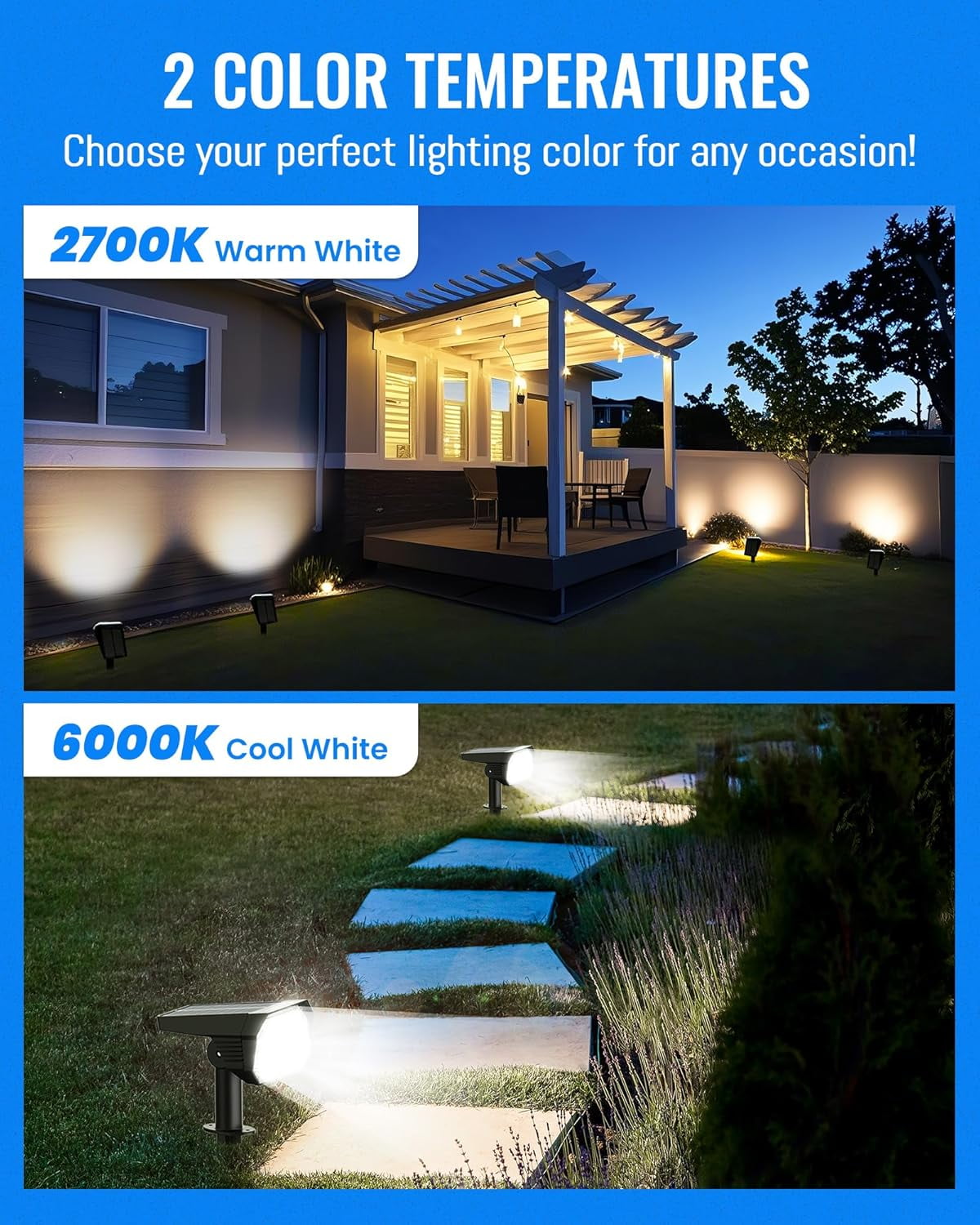 OPVM-Solar Lights Outdoor Waterproof IP67, [Cool & Warm Light 2-in-1 ...