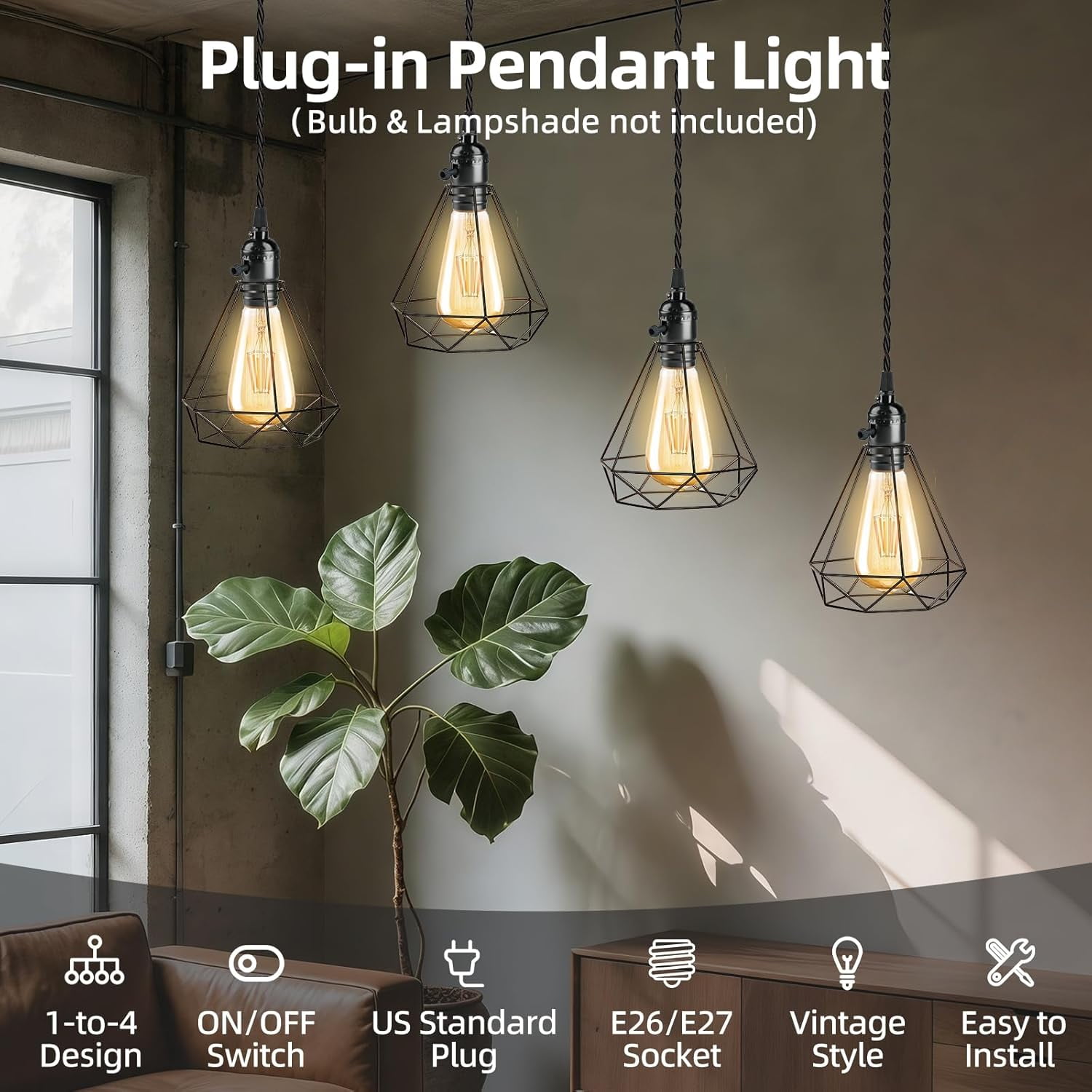 OPVM-Vintage Plug-in Pendant Light Kit with 1-to-4 Hanging E26/E27 ...