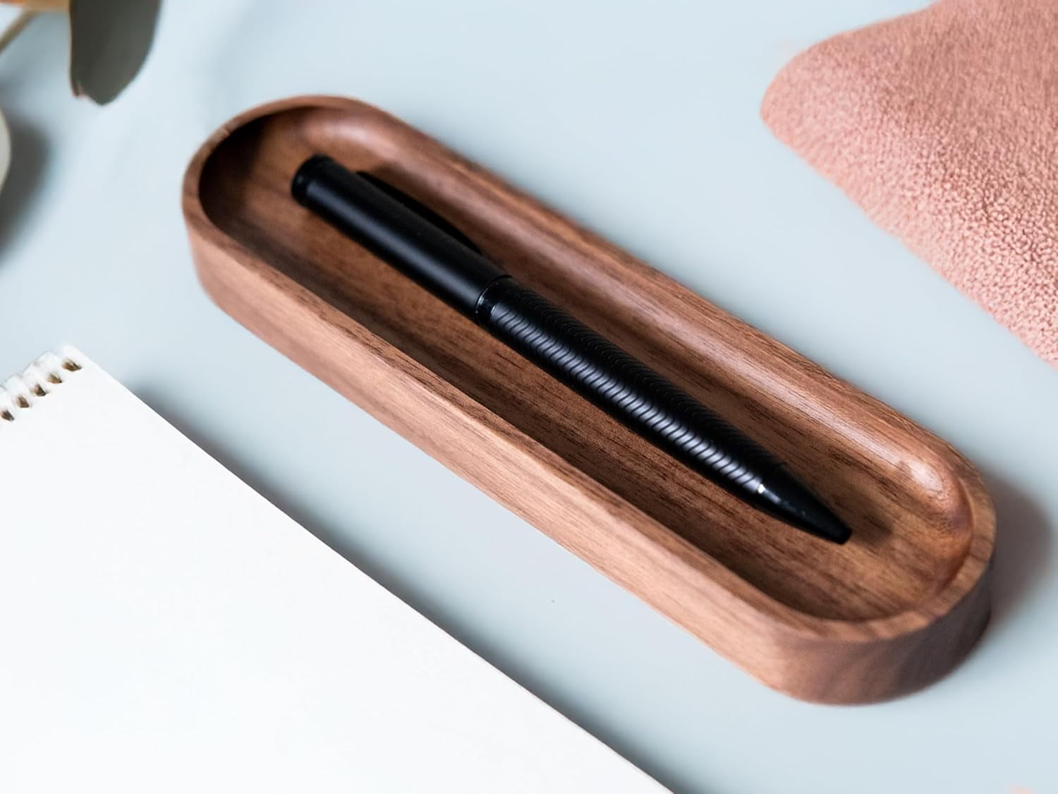 OPVM-Walnut Wood Pen Tray, Minimalist Oval Wooden Pencil Holder, Office ...