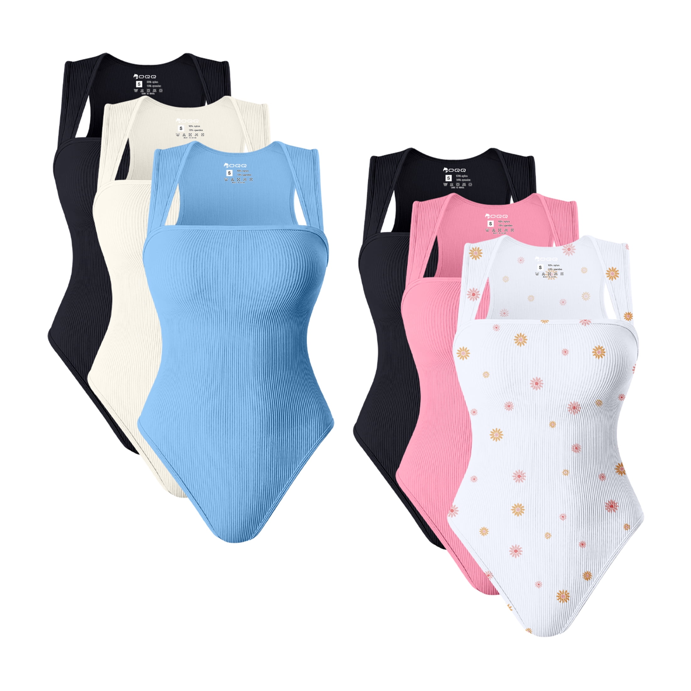 OQQ Women's 6 Piece Bodysuits For Women Sexy Ribbed Strappy Square Neck ...