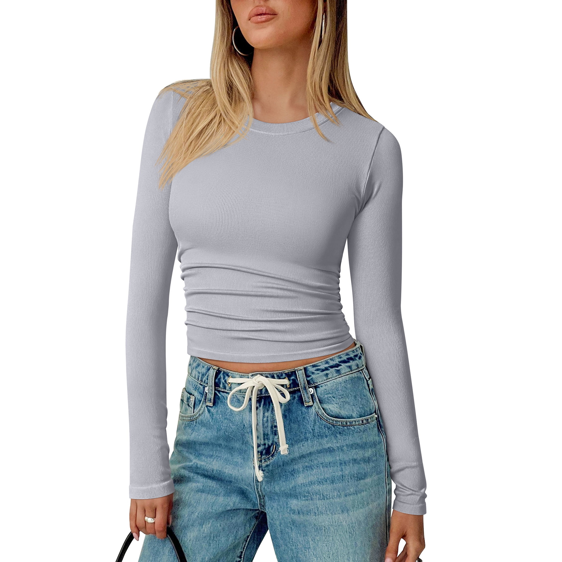 OQQ Women's Shirts Long Sleeve Crew Neck Ruched Stretch Basic Fitted ...