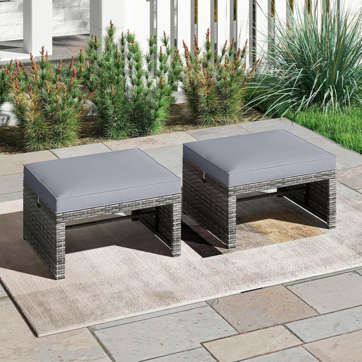 Outdoor Ottoman, Set of 2 Patio Wicker Footstools, All-Weather Rattan ...